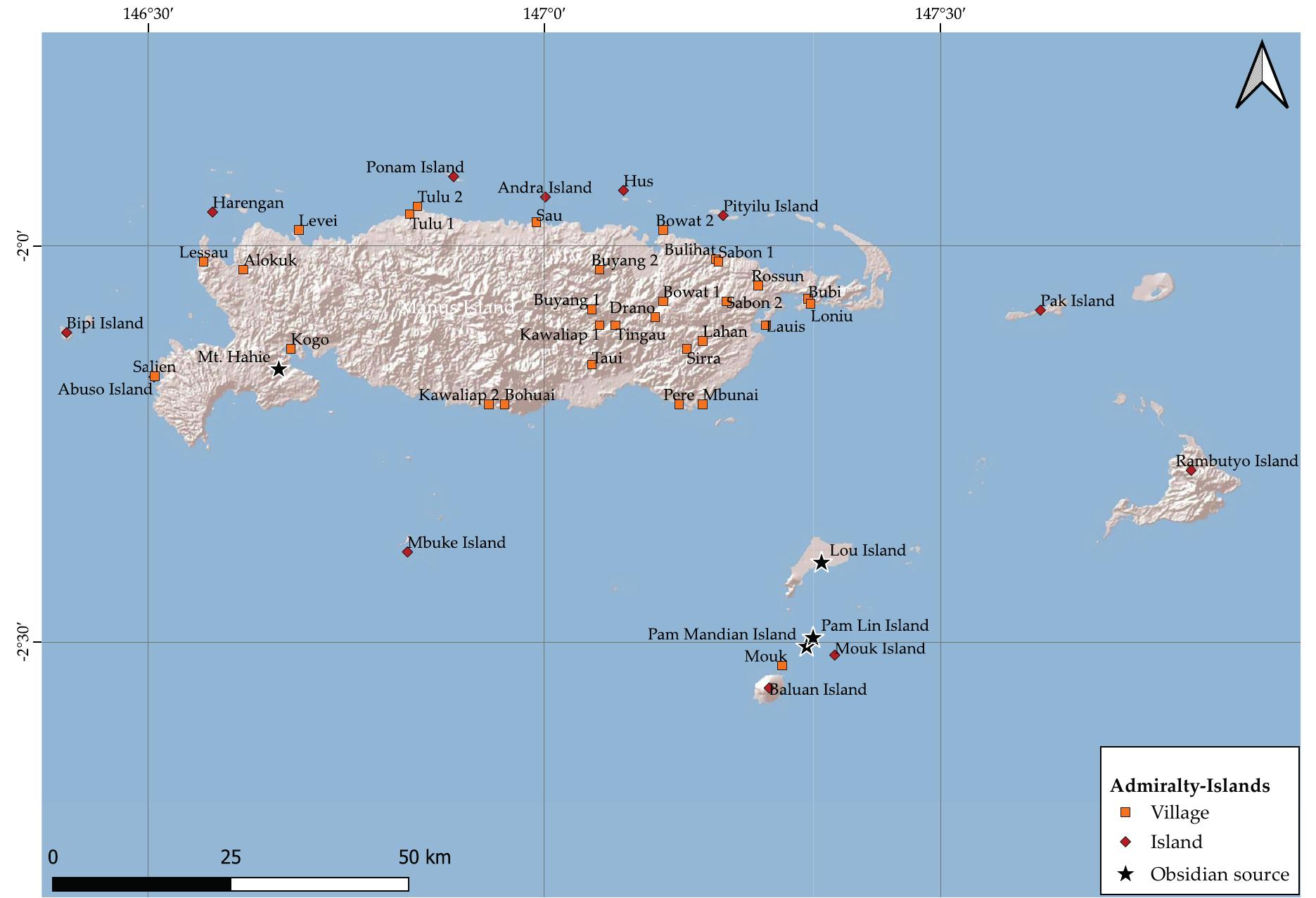 Map of the admiralty islands with known obsidian geological