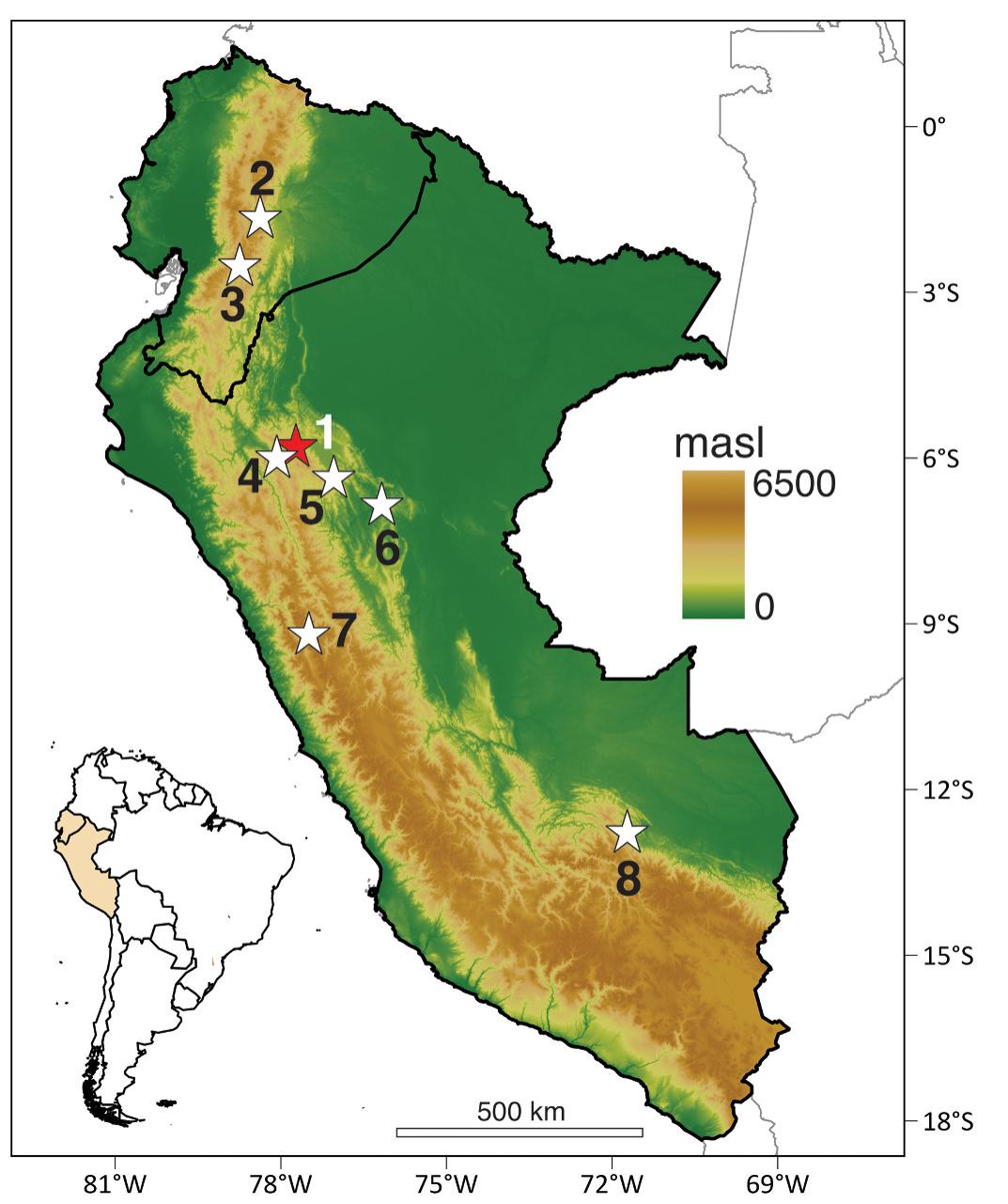 Elevation map of peru and ecuador showing locations