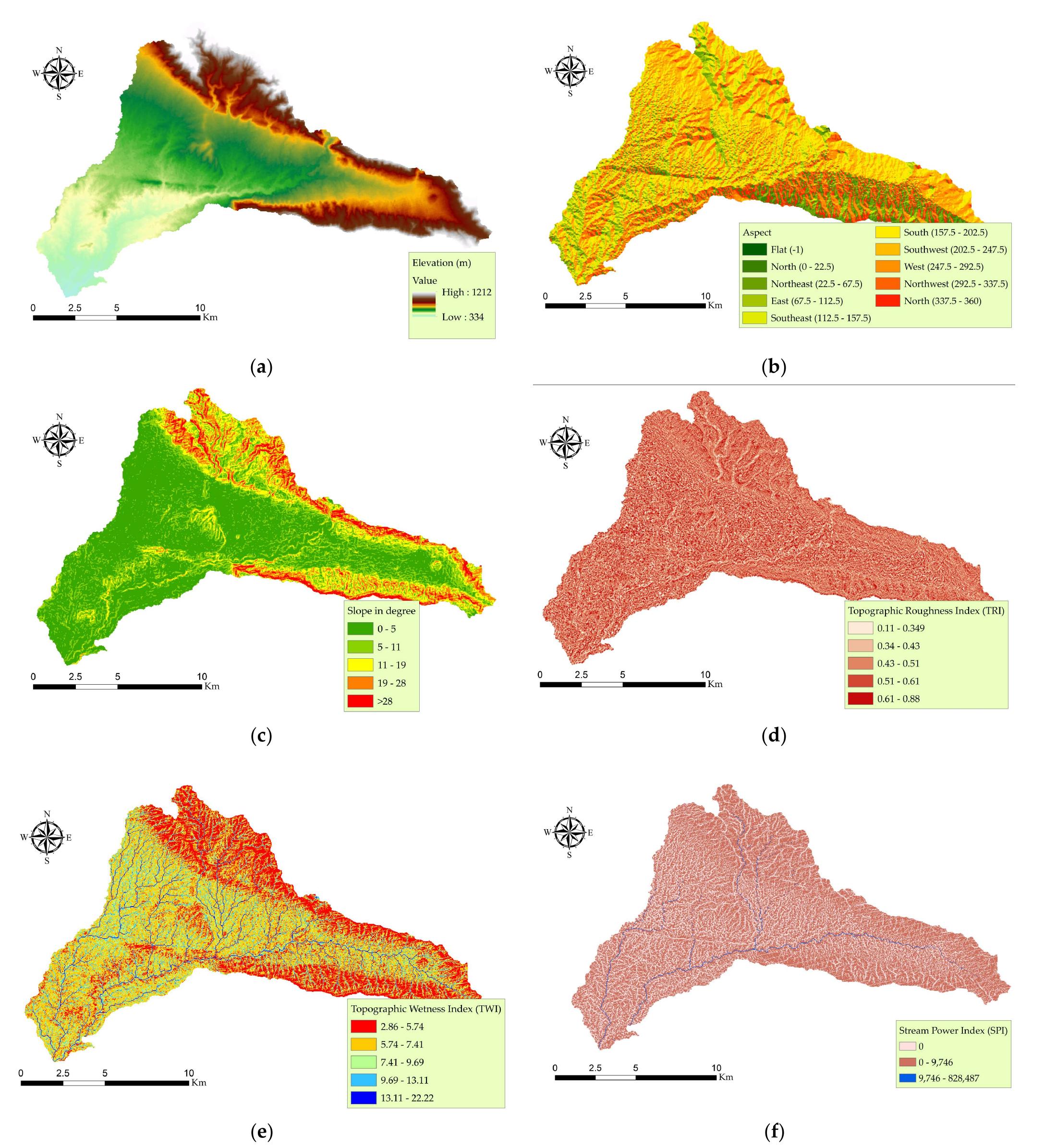 Thematic layers: (a) elevation, (b) aspect, (c) slope, (d)