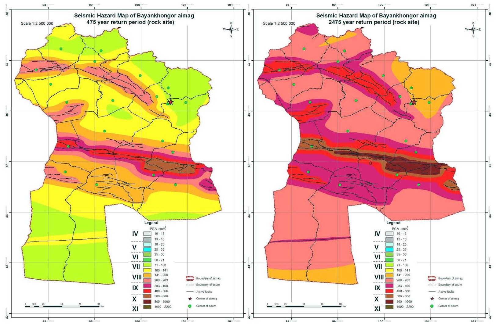 Seismic hazard map of bayankhongor aimag, mongolia. red star