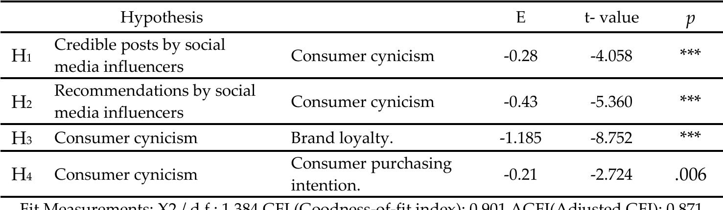 Structural Equation Model Hypothesis Test Results