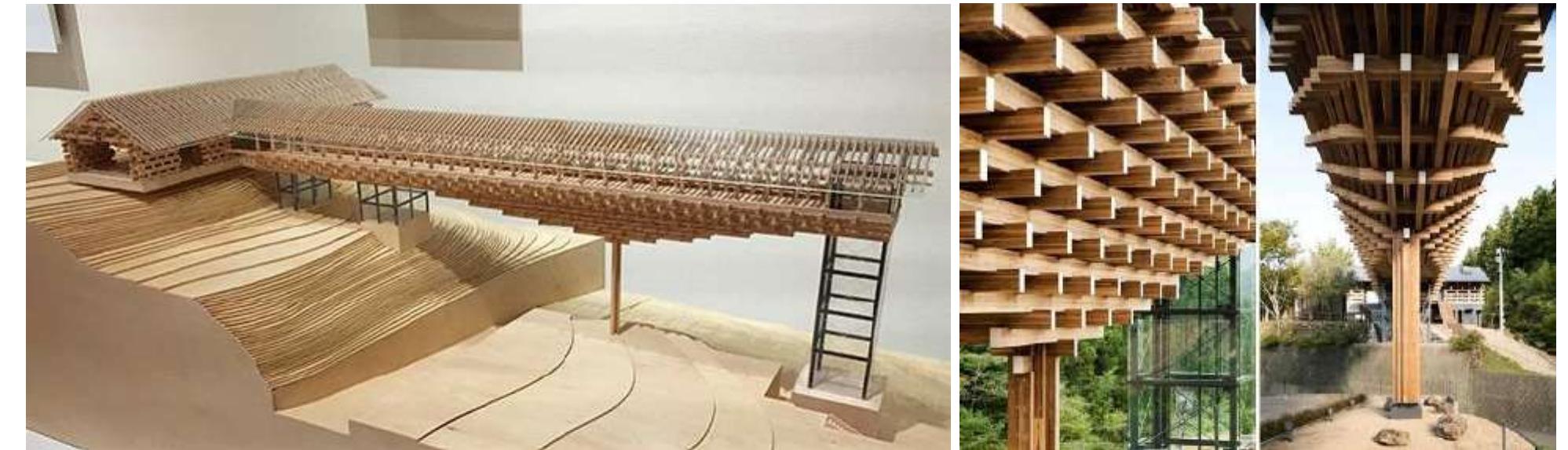 Yusuhara wooden bridge museum, kengo kuma [14,15] transposed