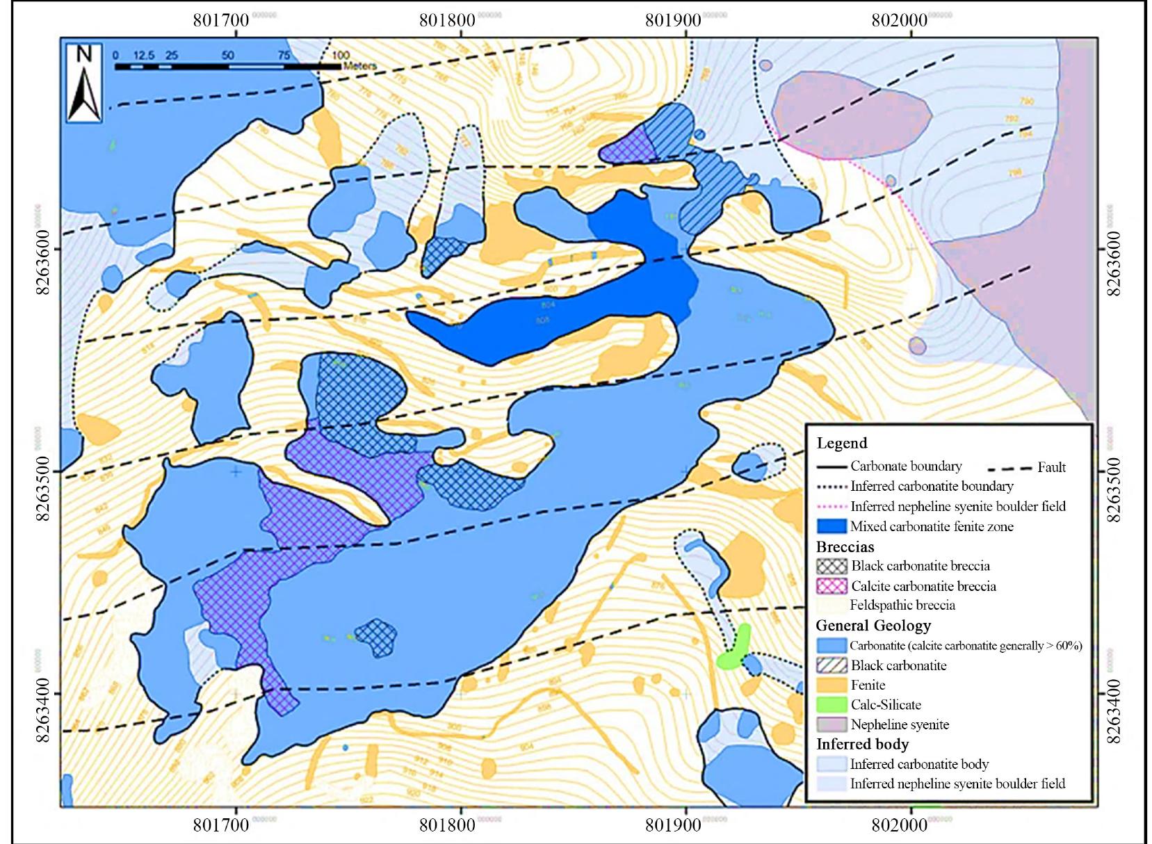 Geological map with faults (long dashed lines) interpreted