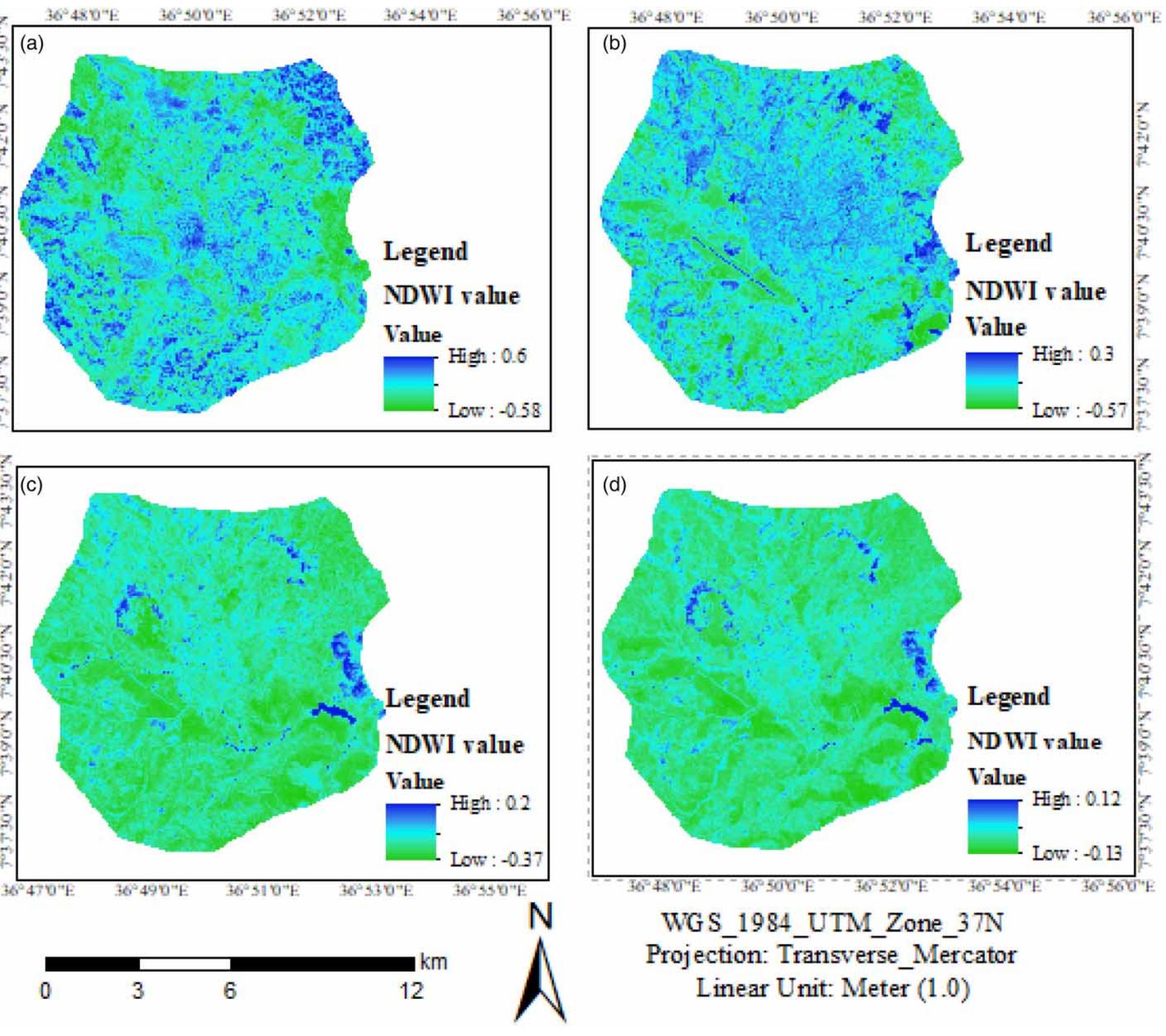 | ndwi map of (a) 1992; (b) 2000; (c) 2009 and (d) 2022.