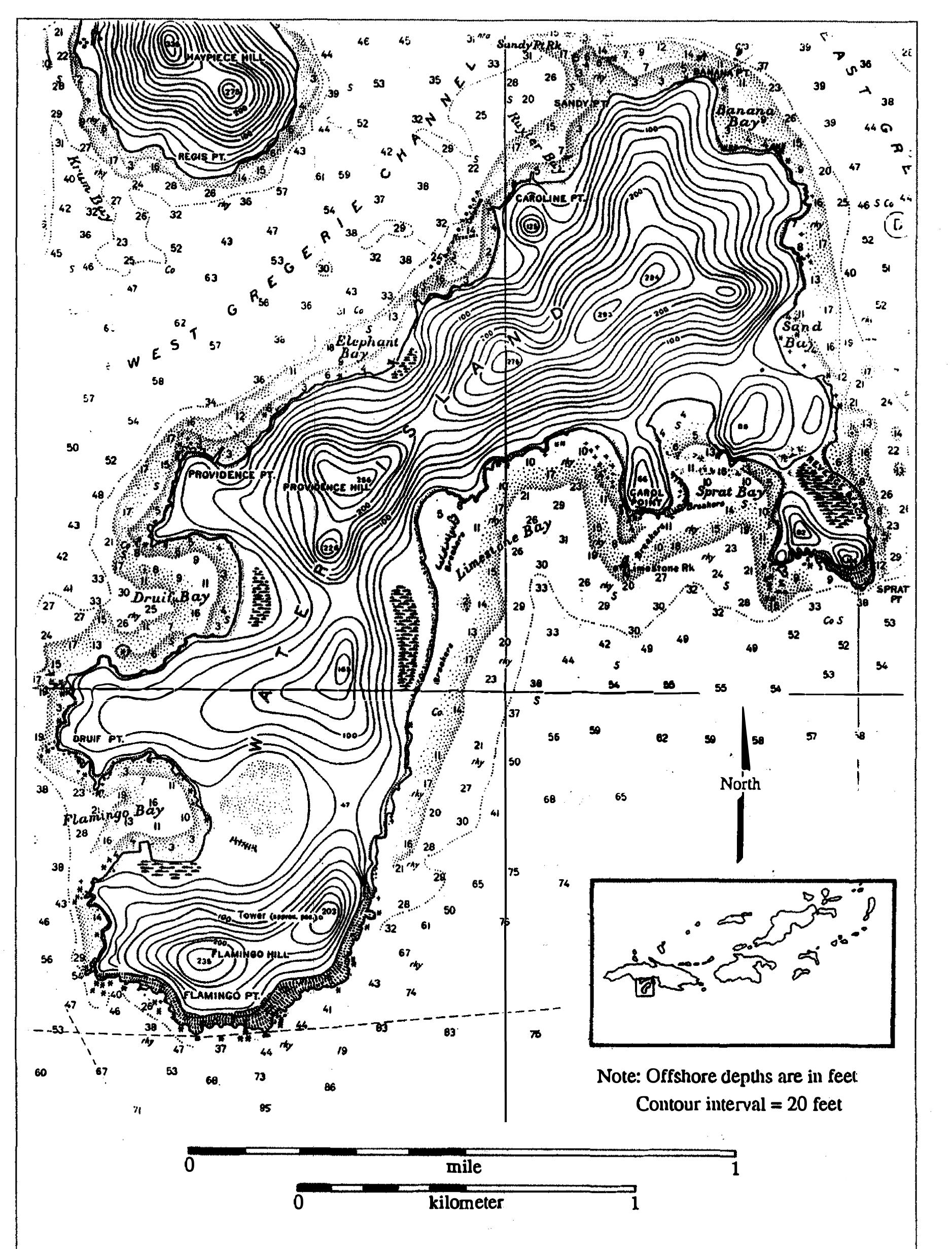 1 — contour map of water island with offshore water depths
