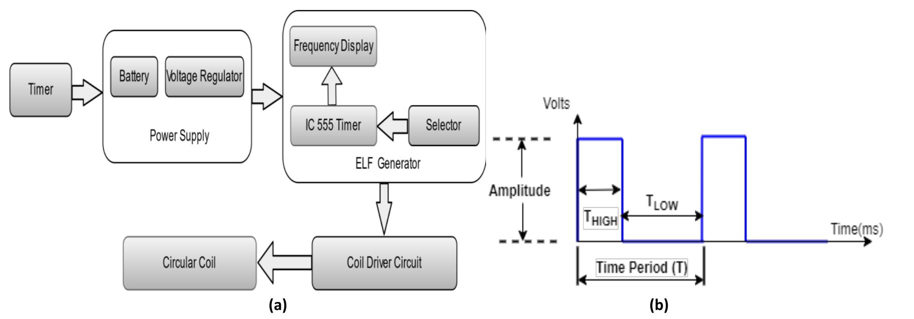 | (a) block diagram of elf pemf based system (b) output