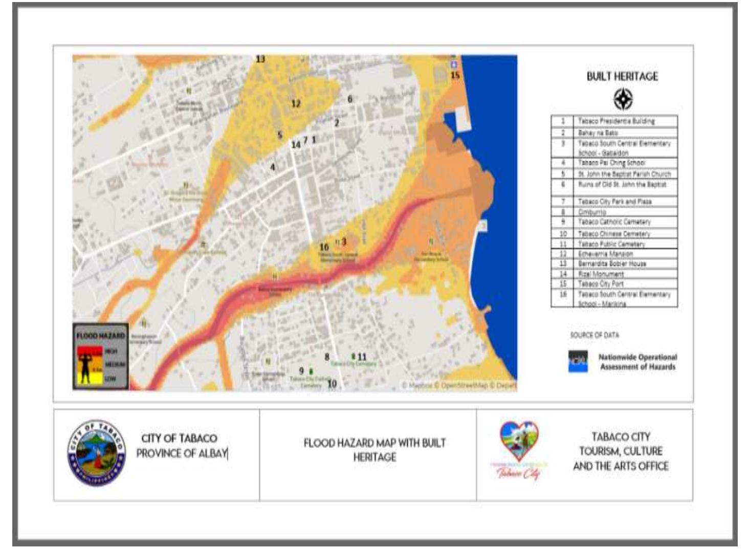 Tabaco city flood hazard map with built heritage. source of