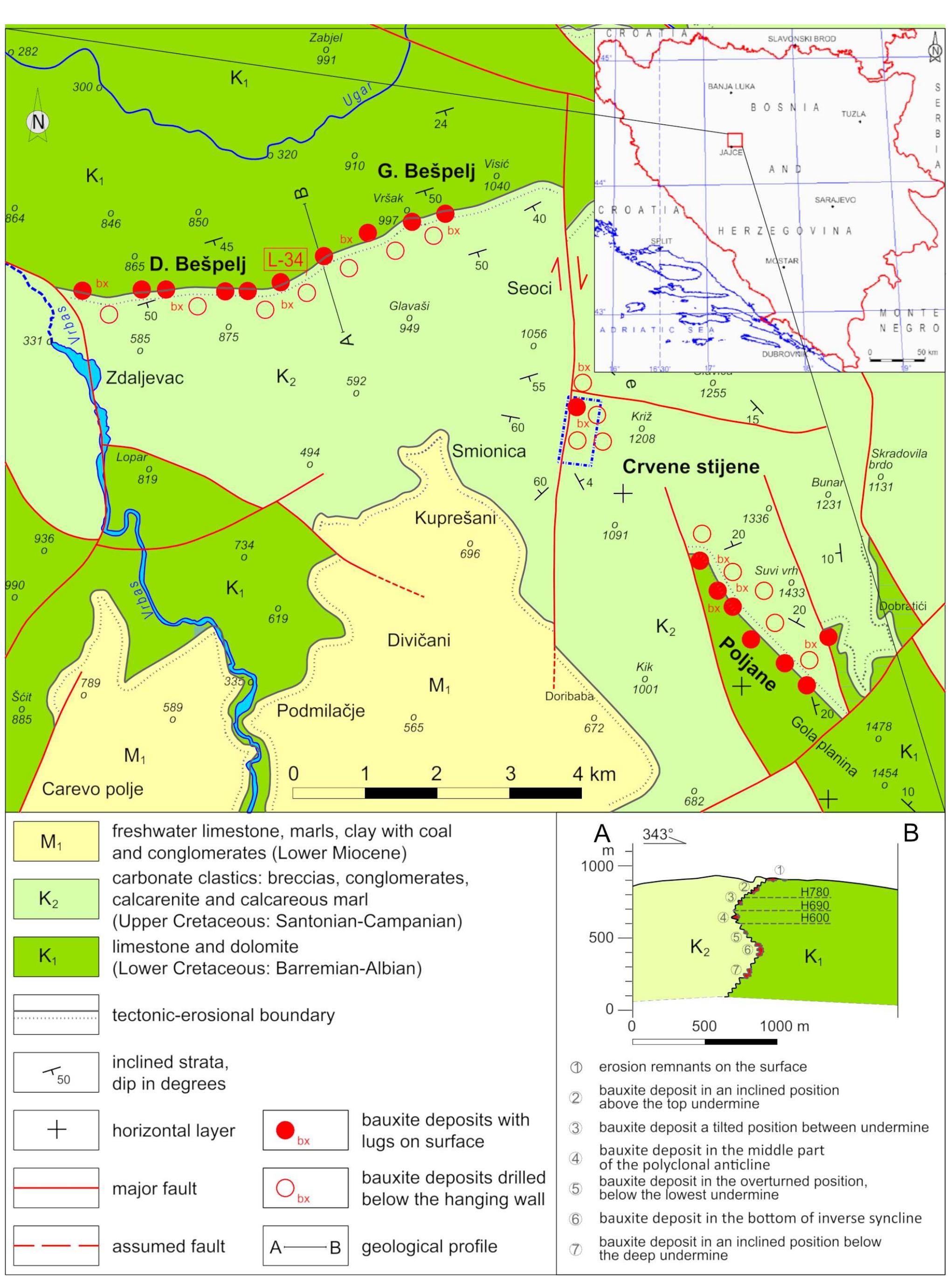 Geographical position and geological map of bauxite deposits