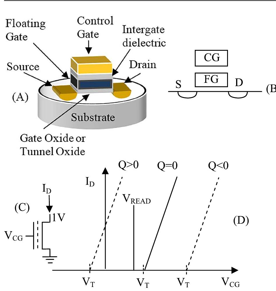 Floating gate memory cell structure (a), cross-section