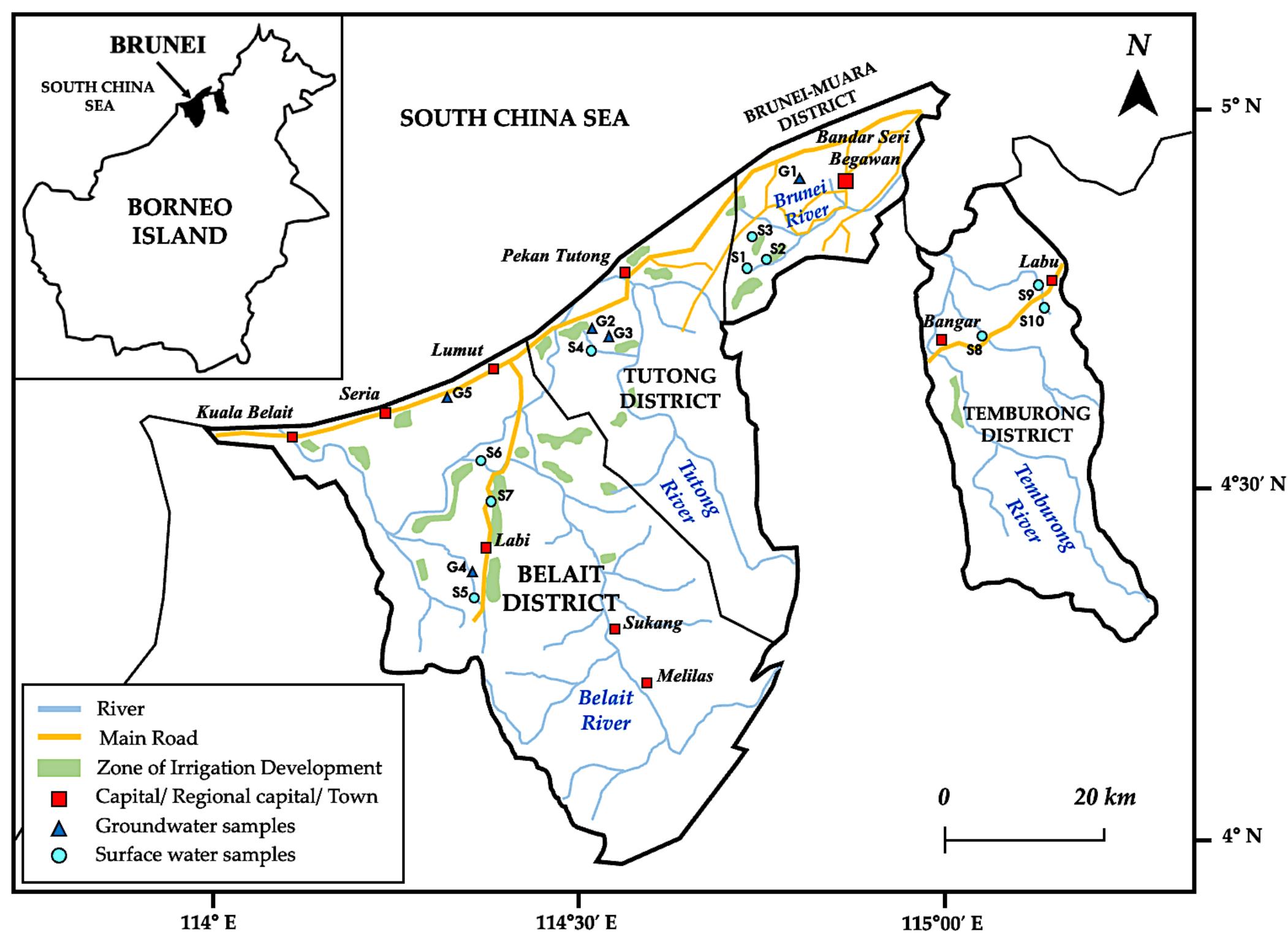 Map of brunei showing the locations of districts, rivers,