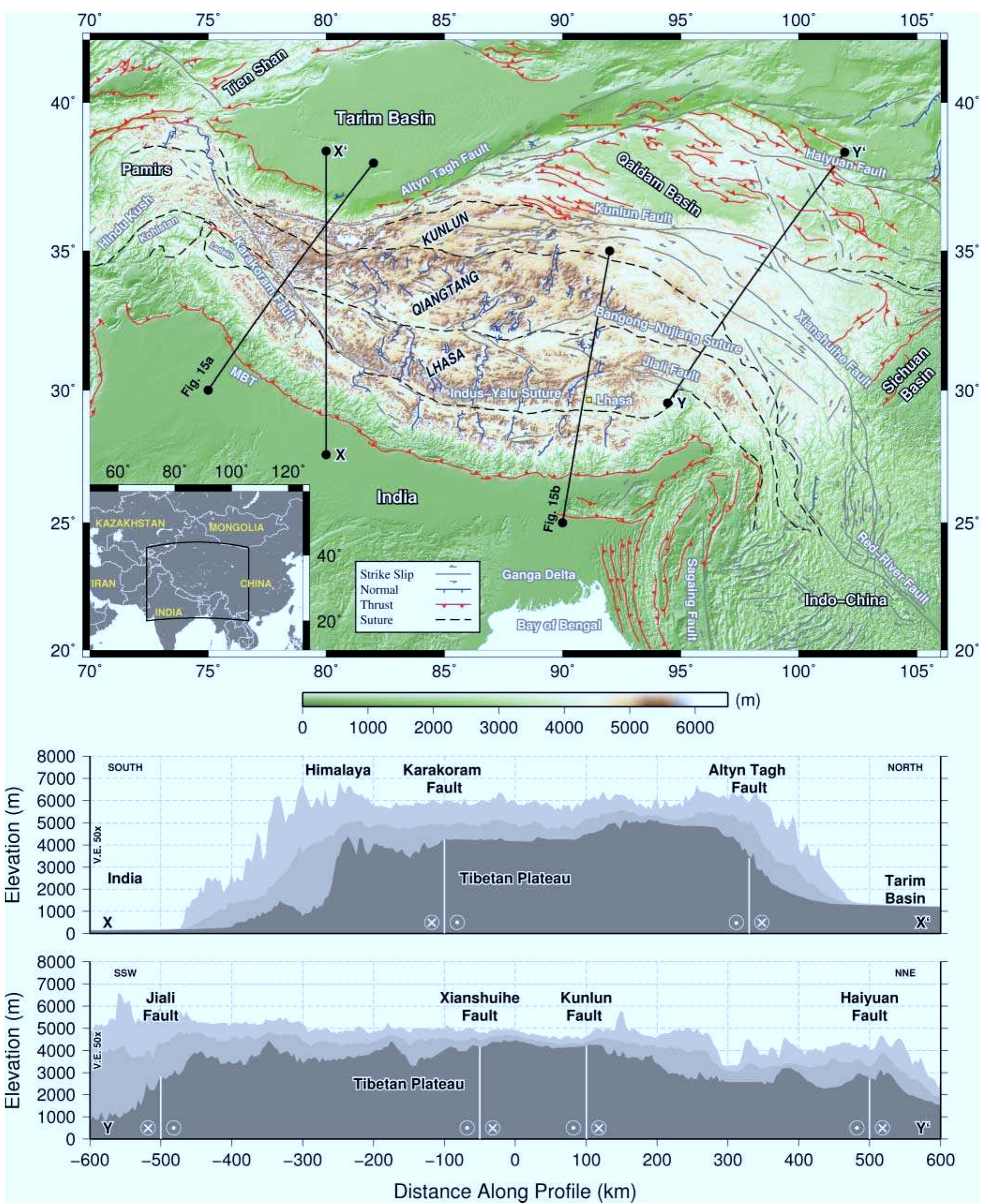 Digital elevation map of the tibetan plateau region showing