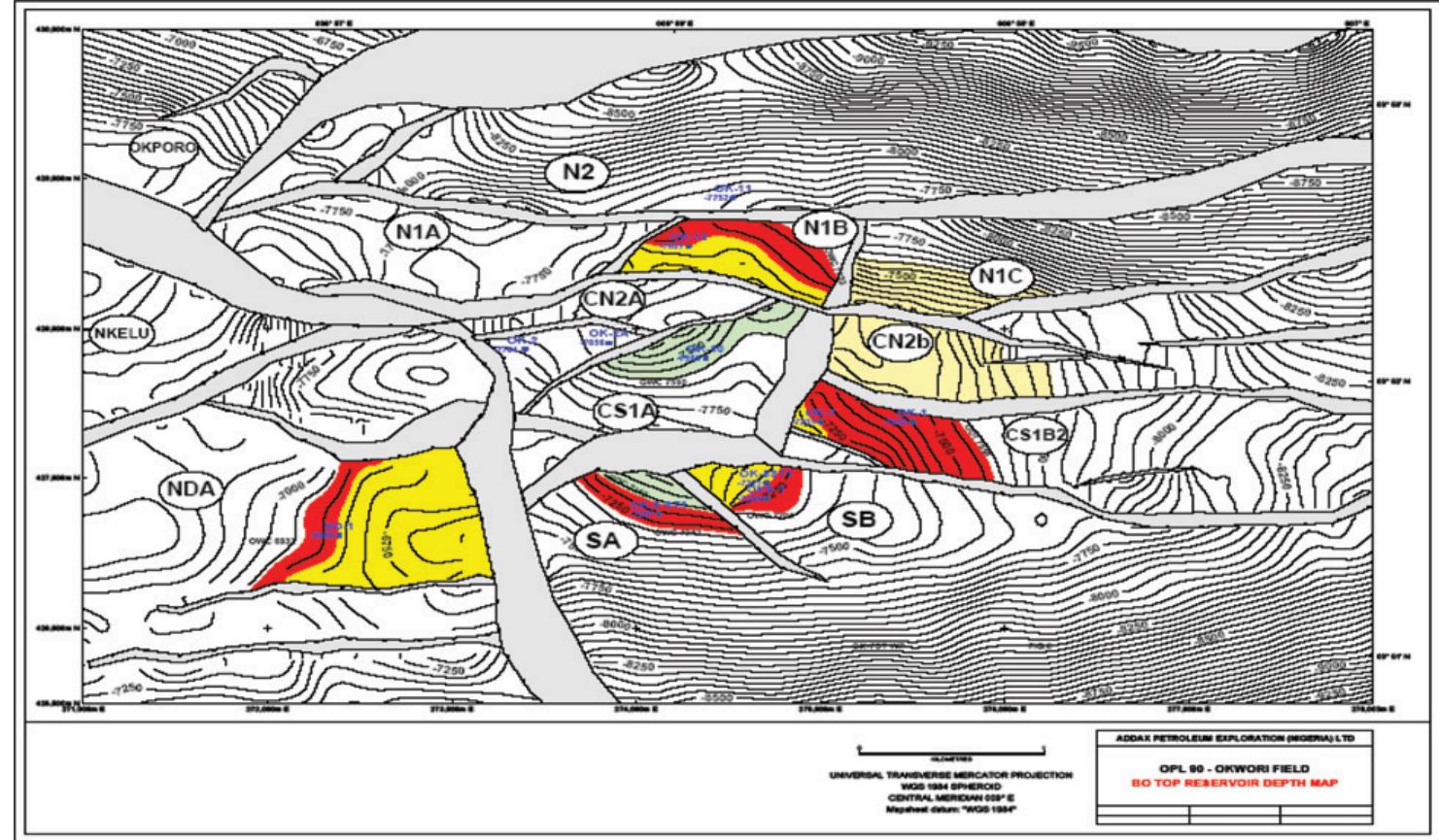 —okwori brown oil, sand-depth contour map highlighting