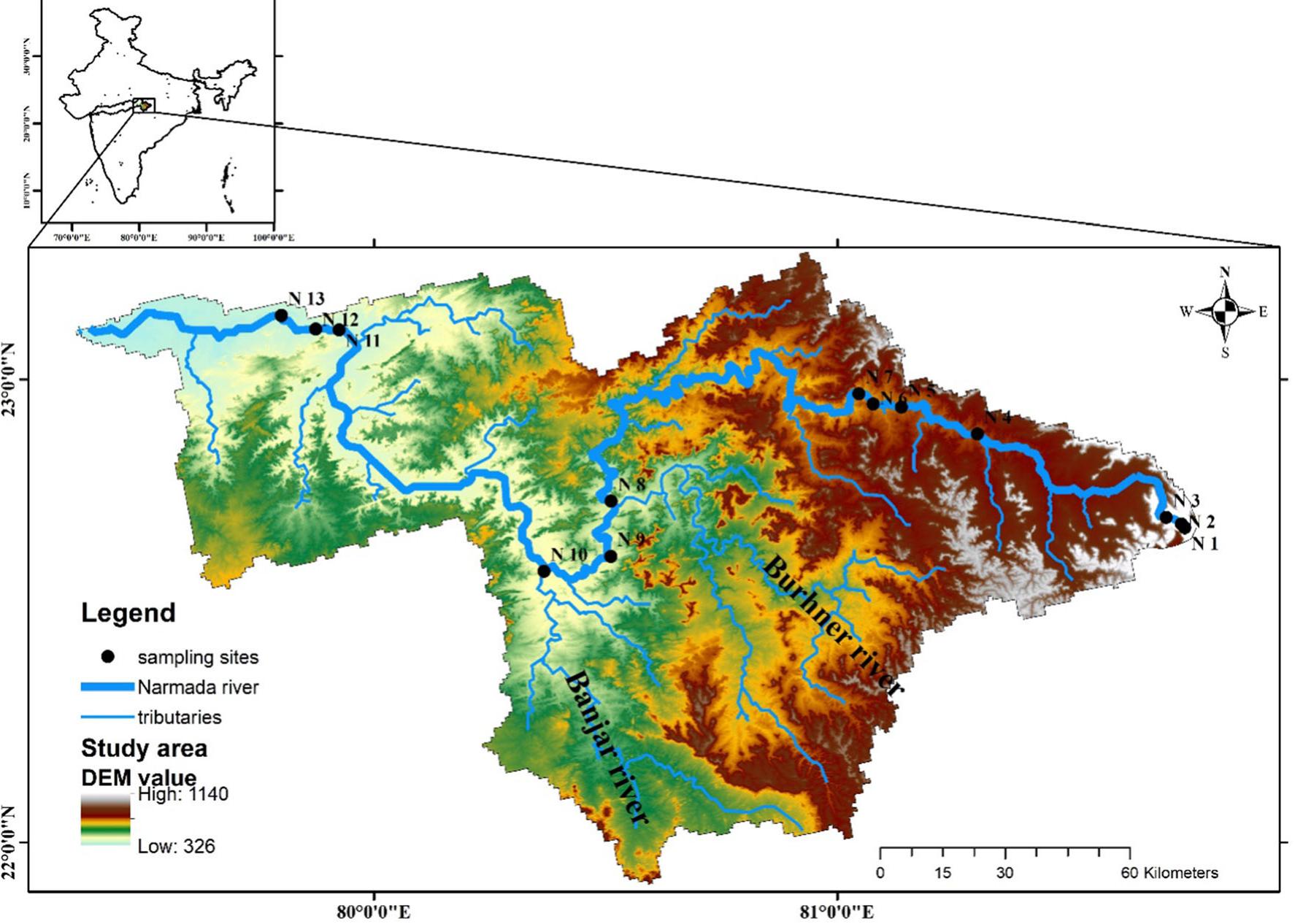 The digital elevation map of upper narmada river catchment