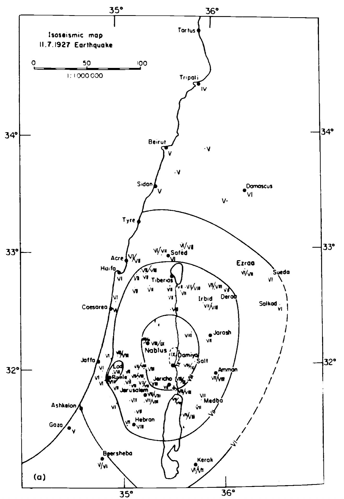 Isoseismic map of the nablus earthquake of 11.7.1927
