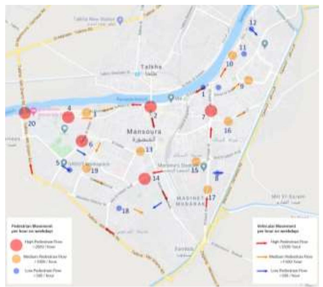 A map describing average pedestrian volume on weekdays. base