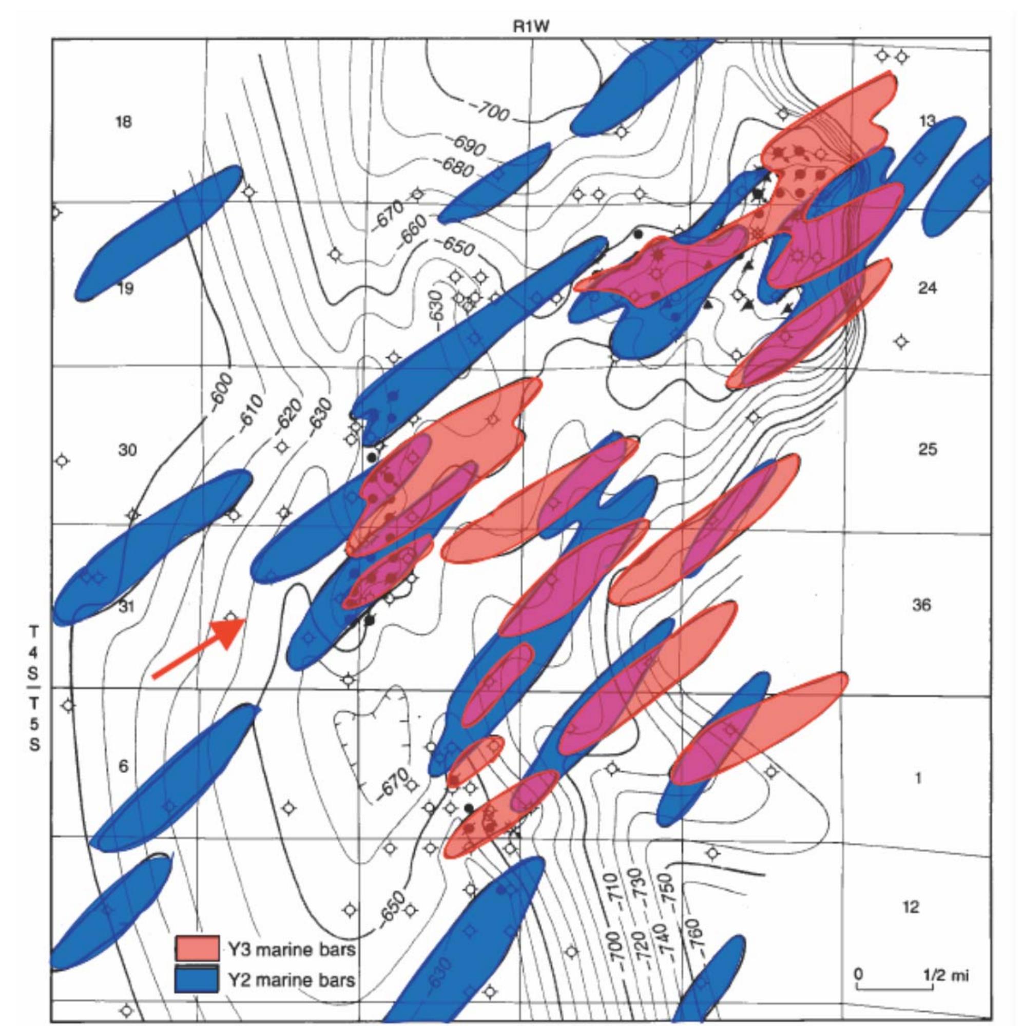 Map showing an outline of the y 2 and y 3 sandstones greater