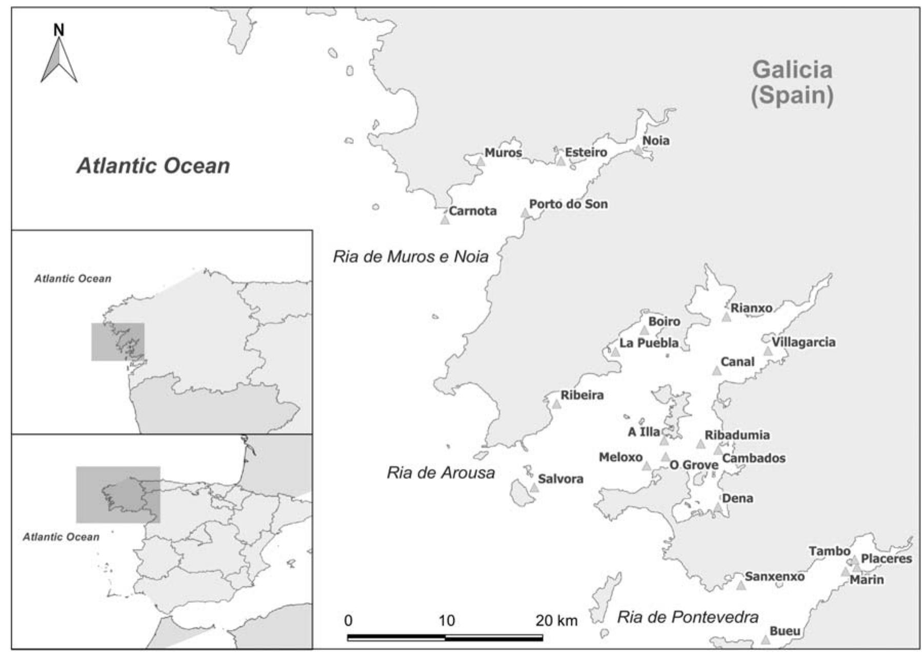Map of the “rias bajas” sampling area in northwestern spain