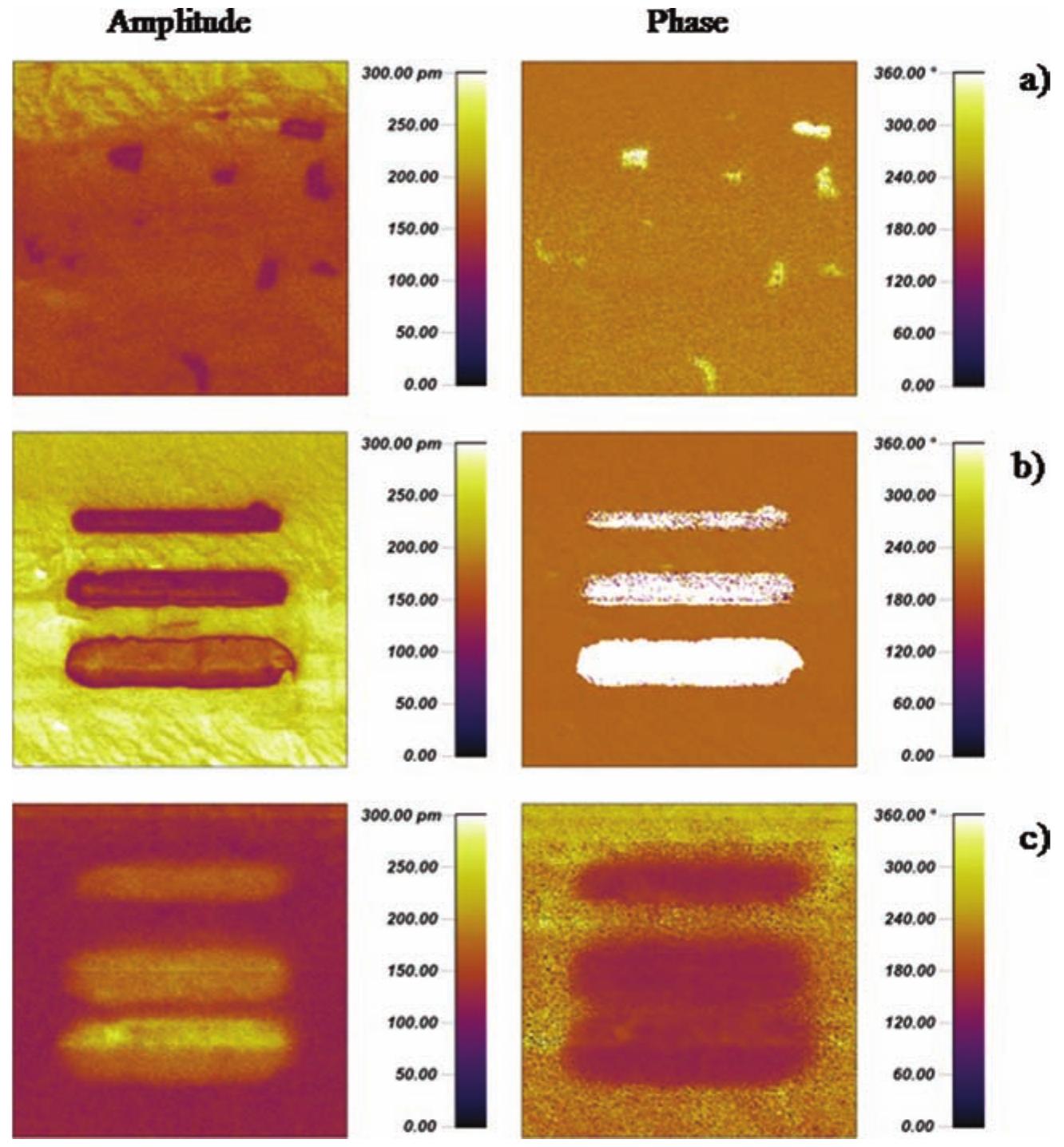 Pfm images with amplitude and phase scans of a) as-grown bfo