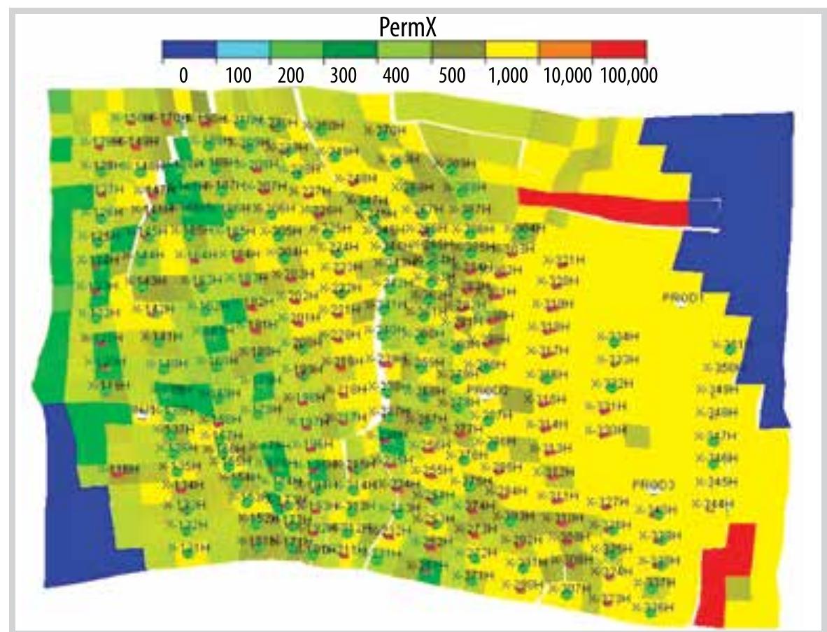 Permeability map showing the new wells with shorter length