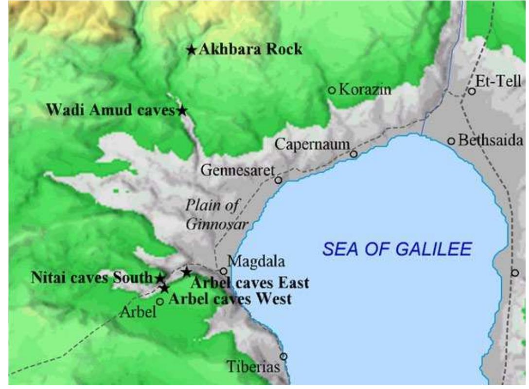 Map of the plain of ginnosar with the cave sites to the