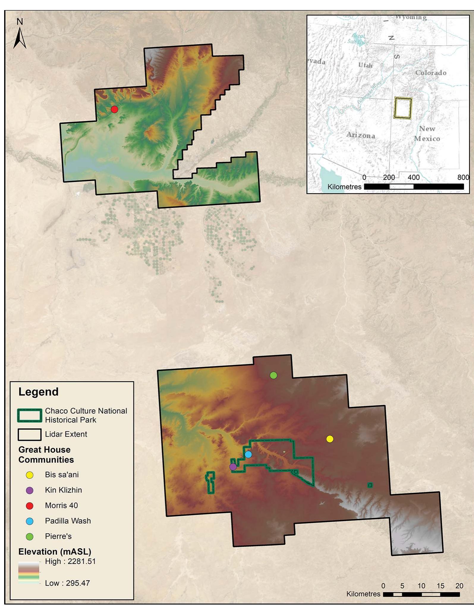 Map showing extent of lidar data and locations of the five