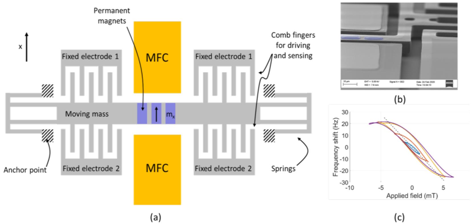 (a) schematic top-view of the device; (b) sem image of the