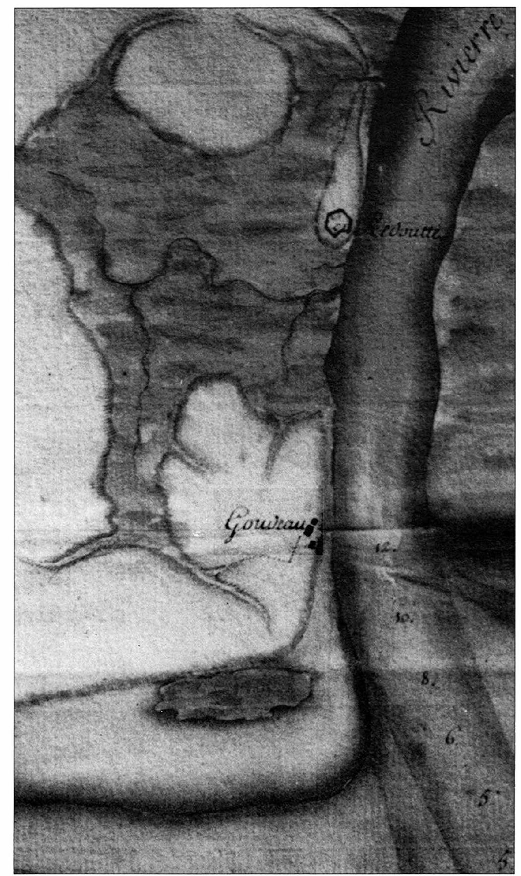Detail from a 1746 map by francois saucier showing the