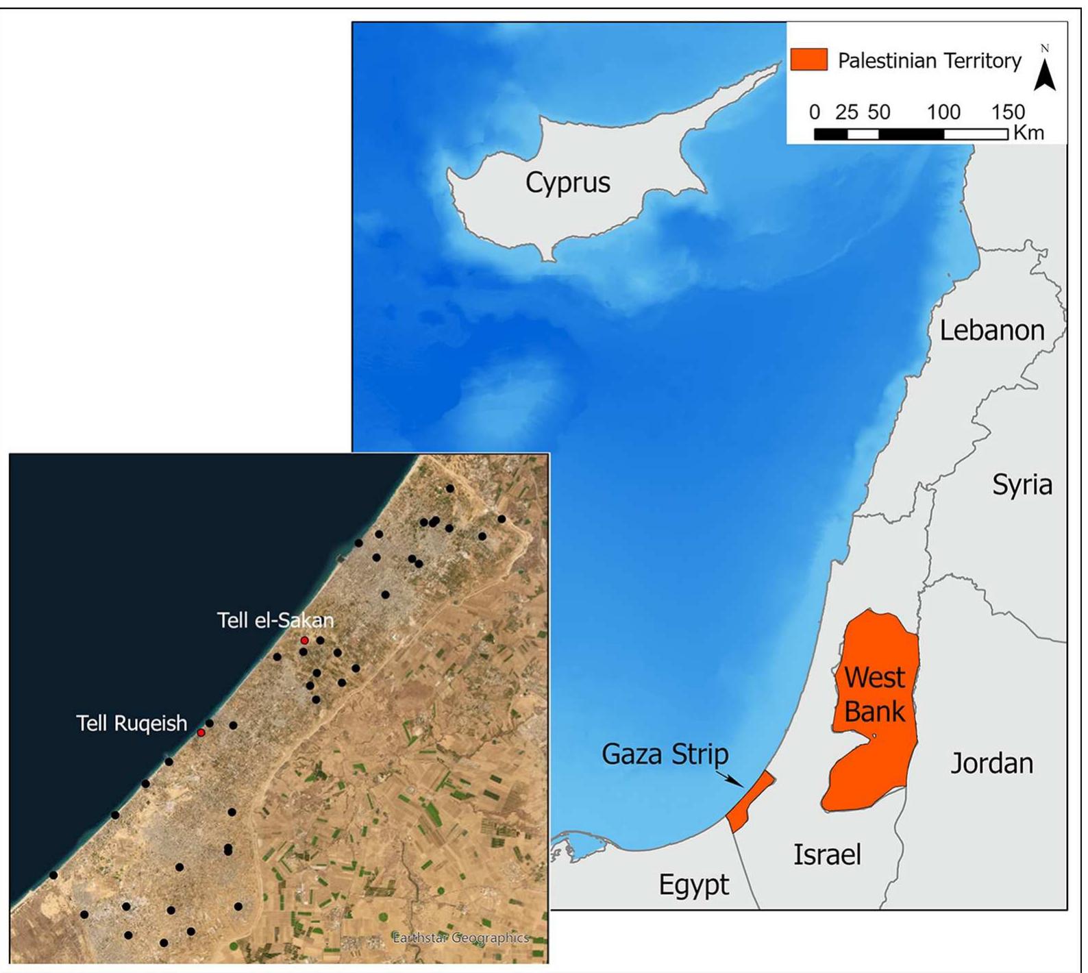 Map of gaza strip showing the location of tell rugeish and