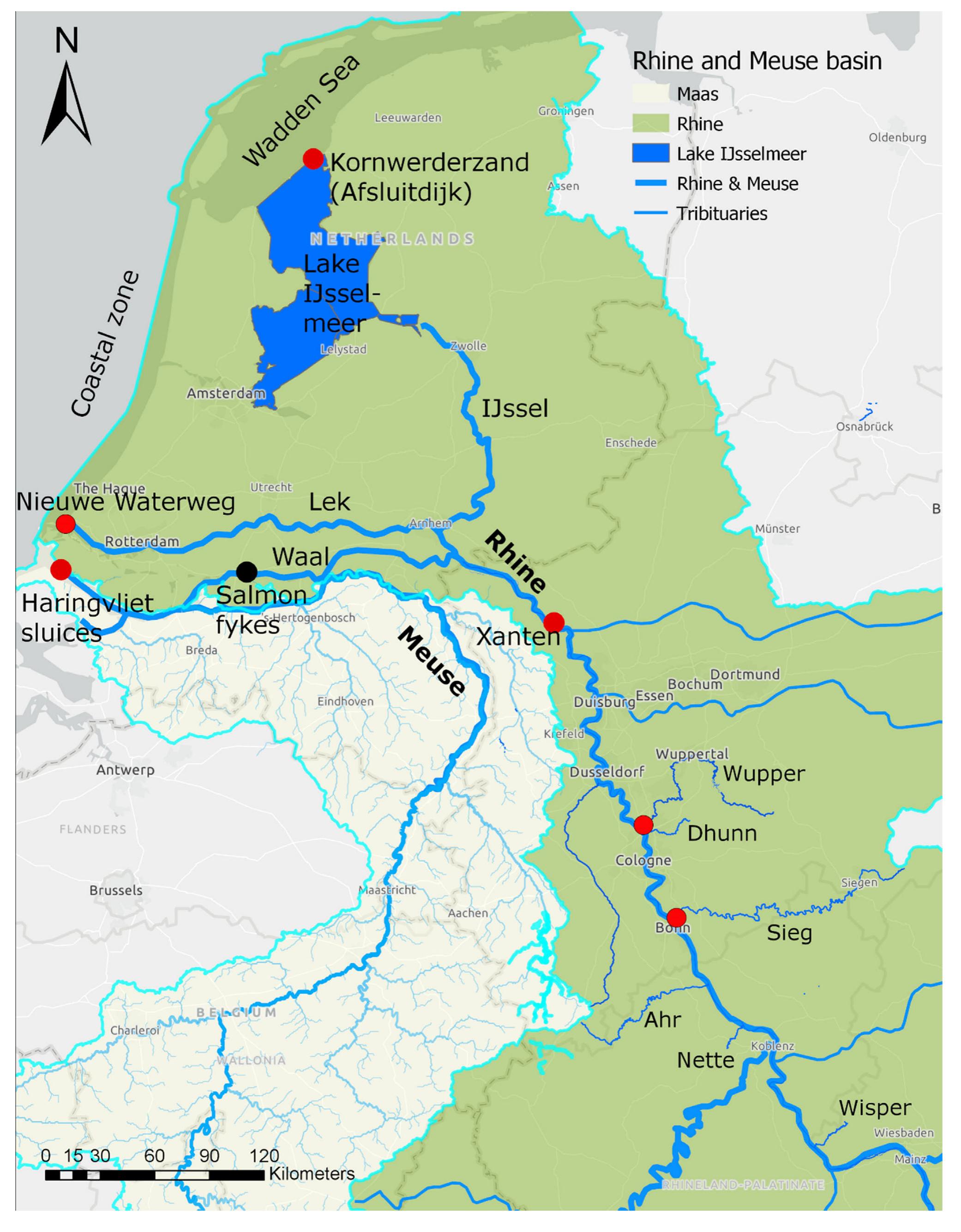 map of rhine and meuse delta with the 11 different