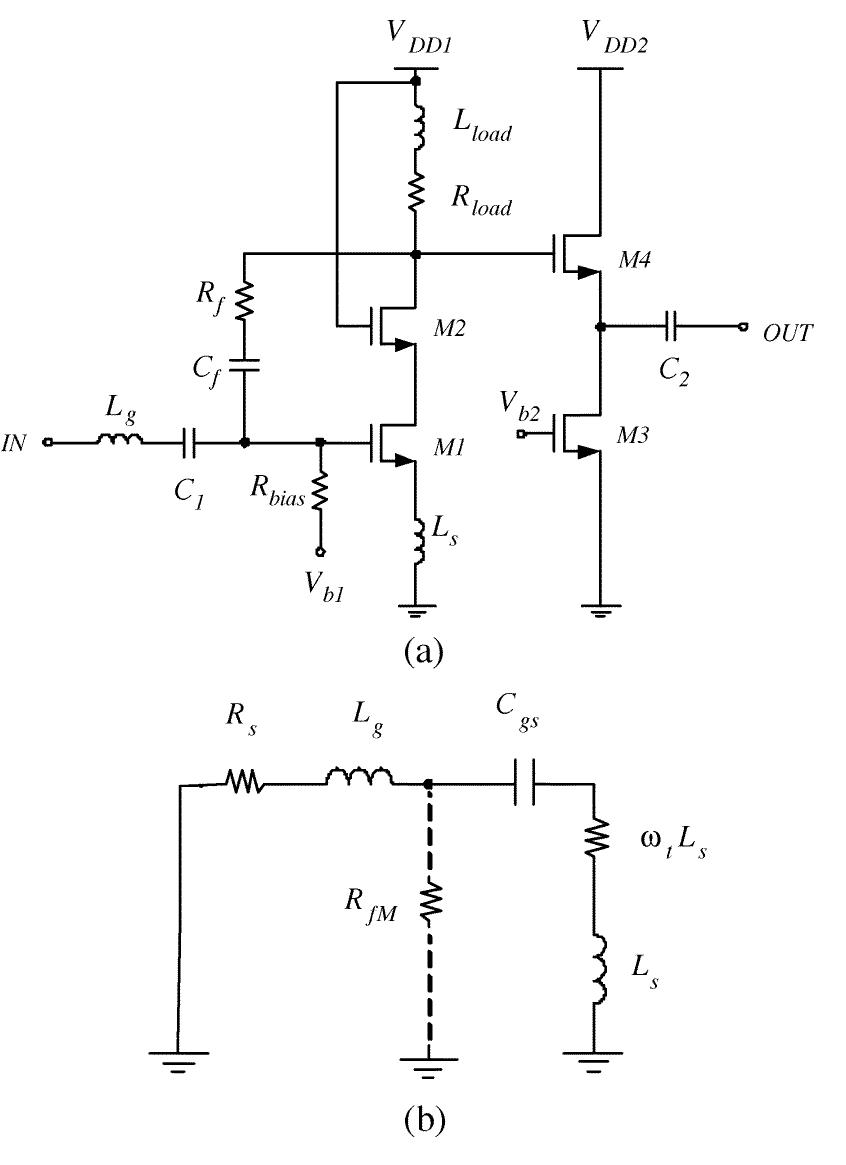 Uwb lna topology. (a) overall schematic. (b) small-signal