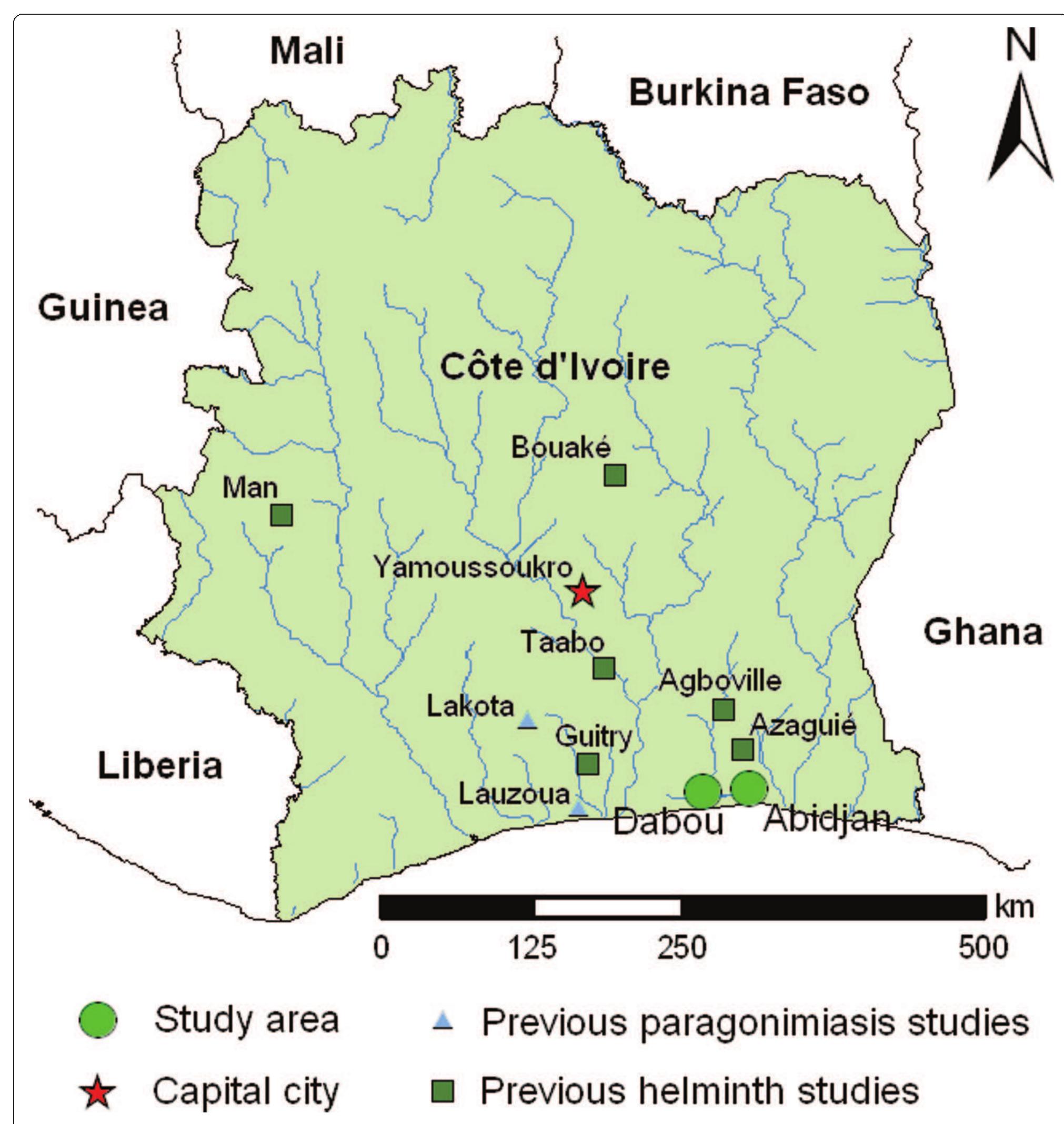 Map of cote d'ivoire, with the locations of the current