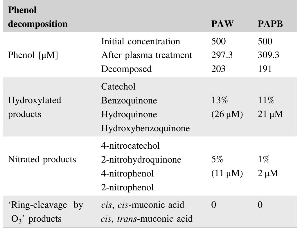Summary of the degradation by-products of phenol in paw and
