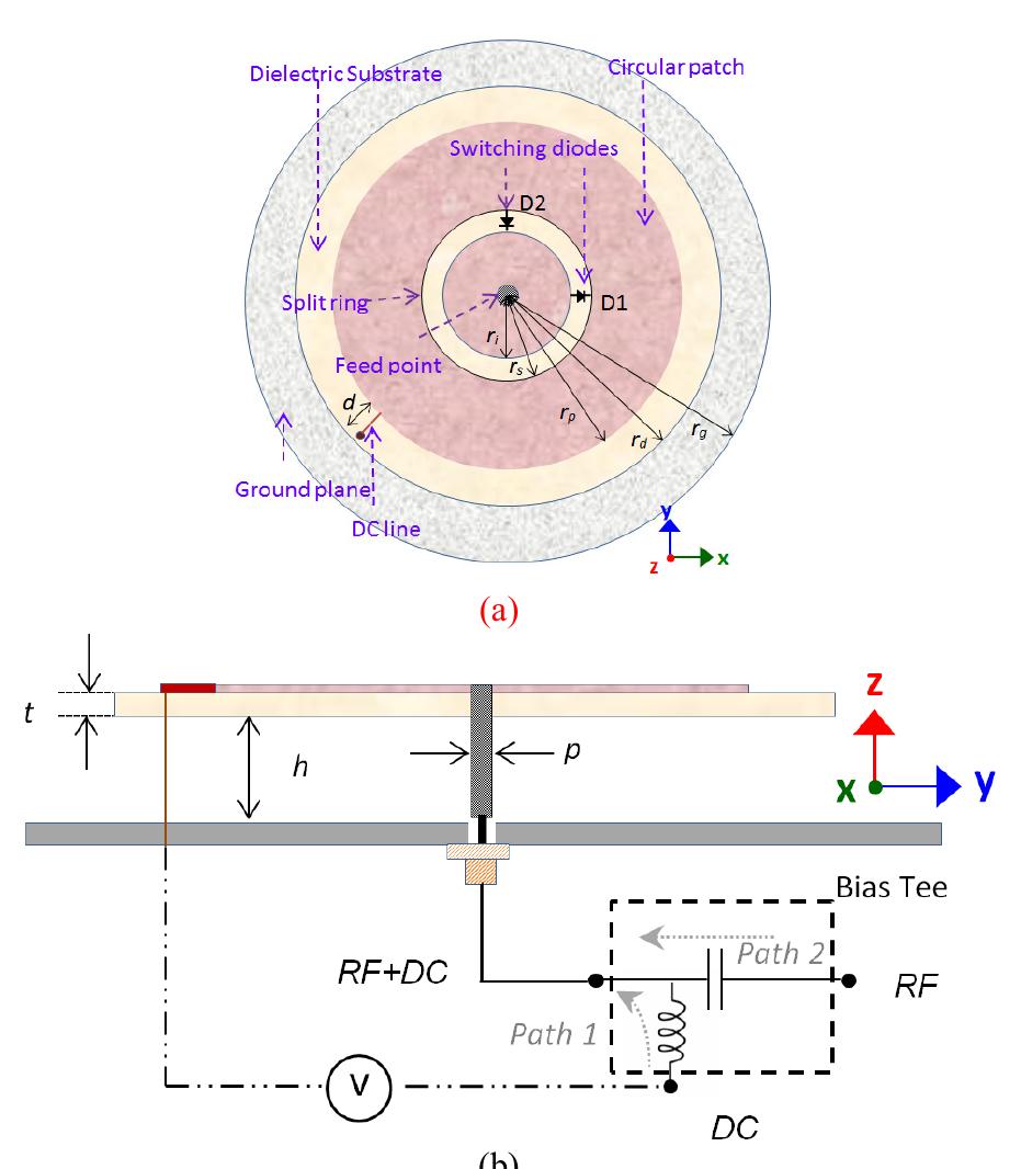Geometry of a single-fed reconfigurable antenna (a) top view
