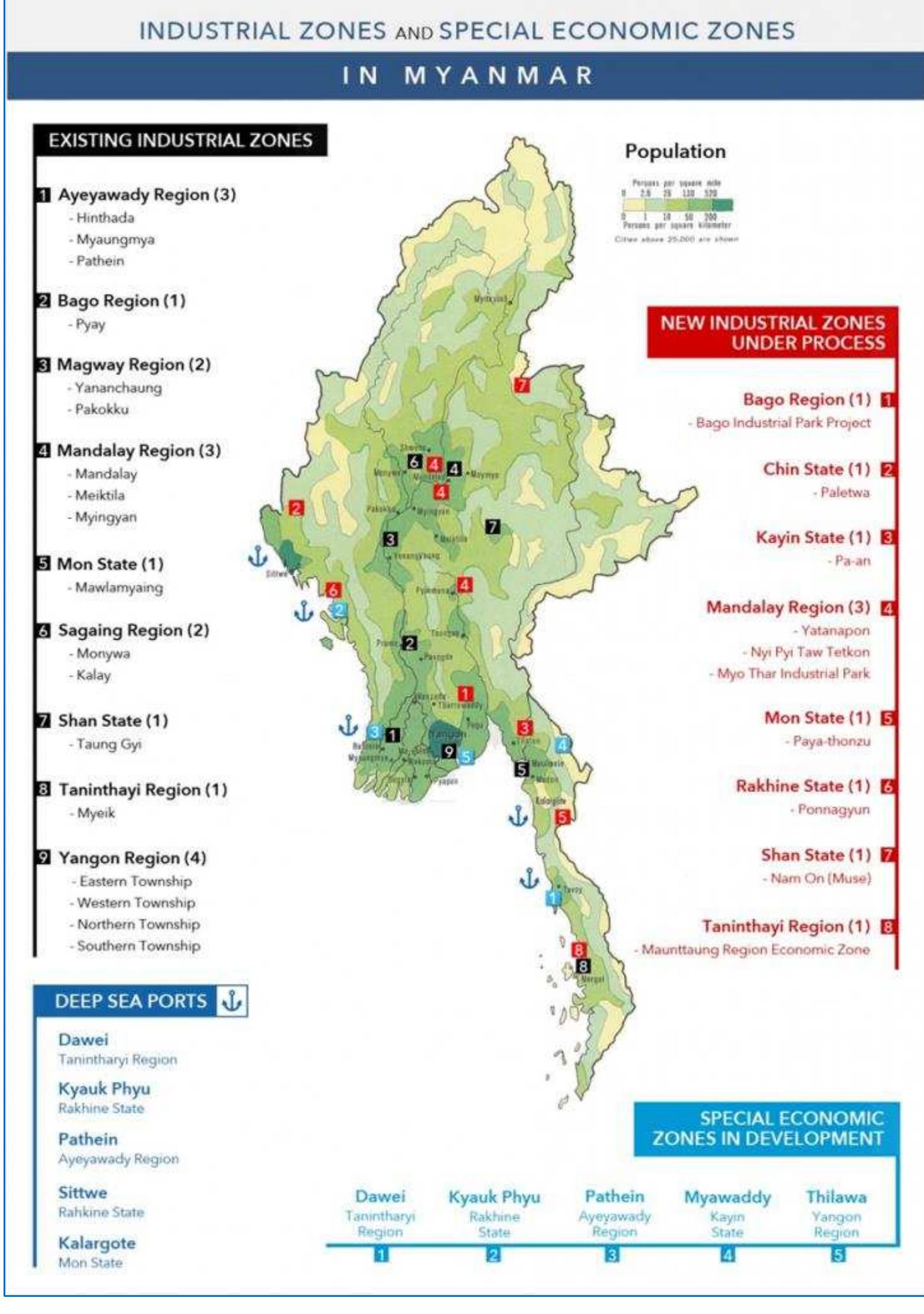 Map of myanmar showing 18 existing industrial zones