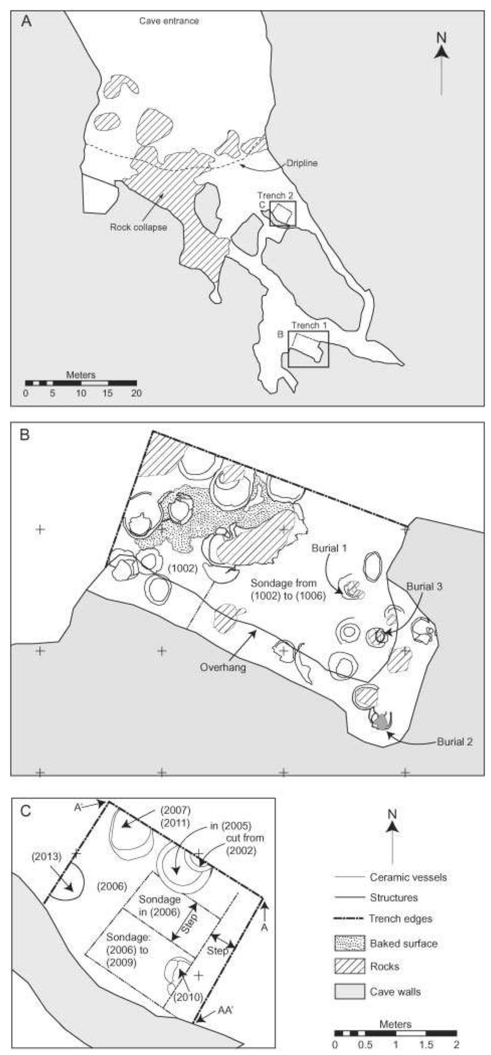A) plan of areni-1; b) plan of trench 1; c) plan of trench