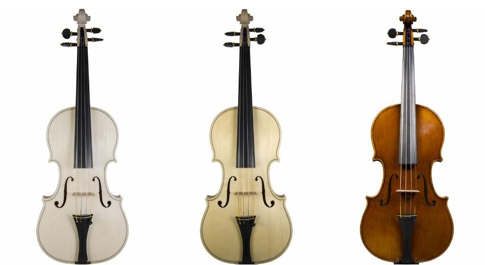 The violin in the three steps of the making process.
