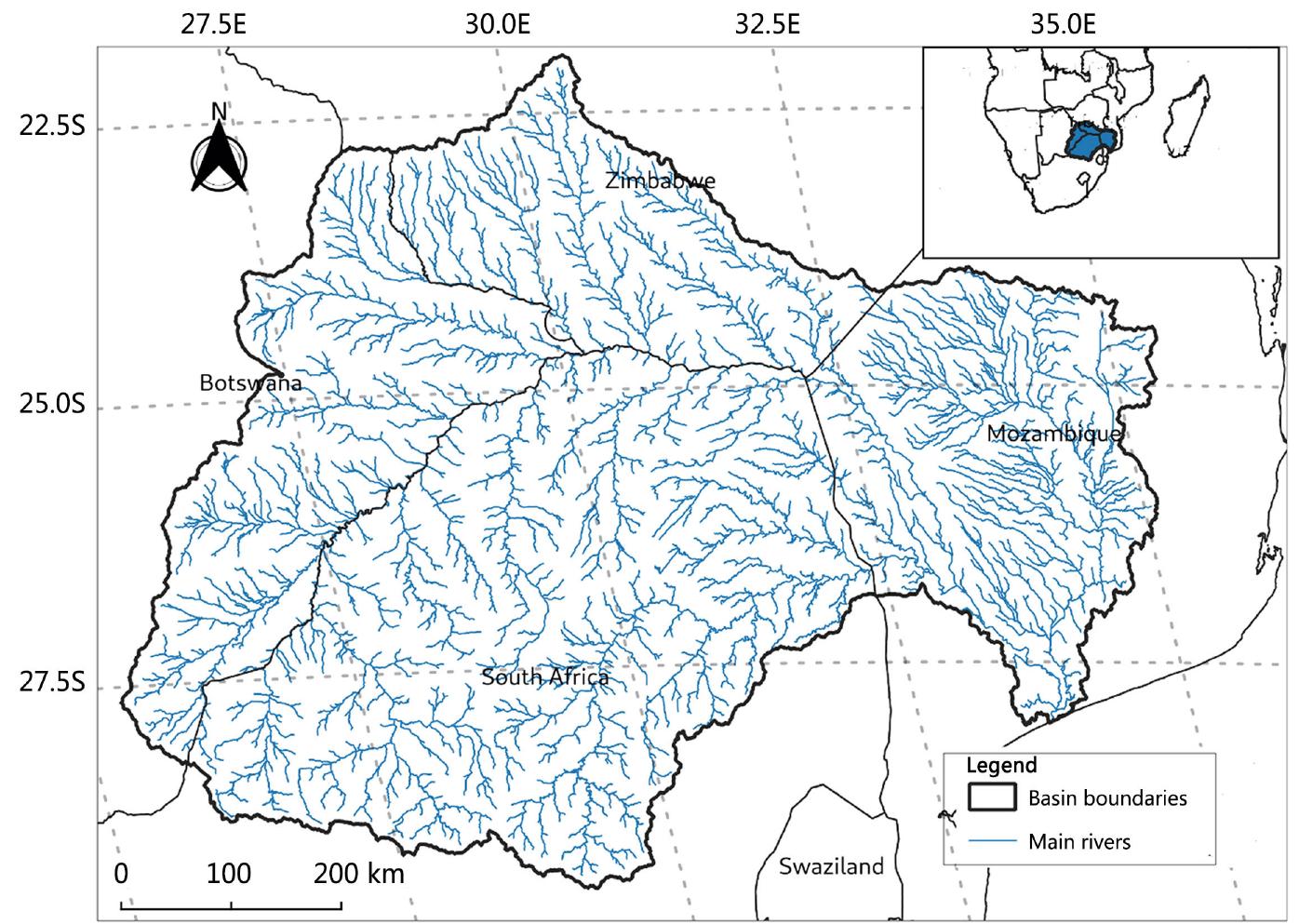 Map of the limpopo river basin in southern africa with