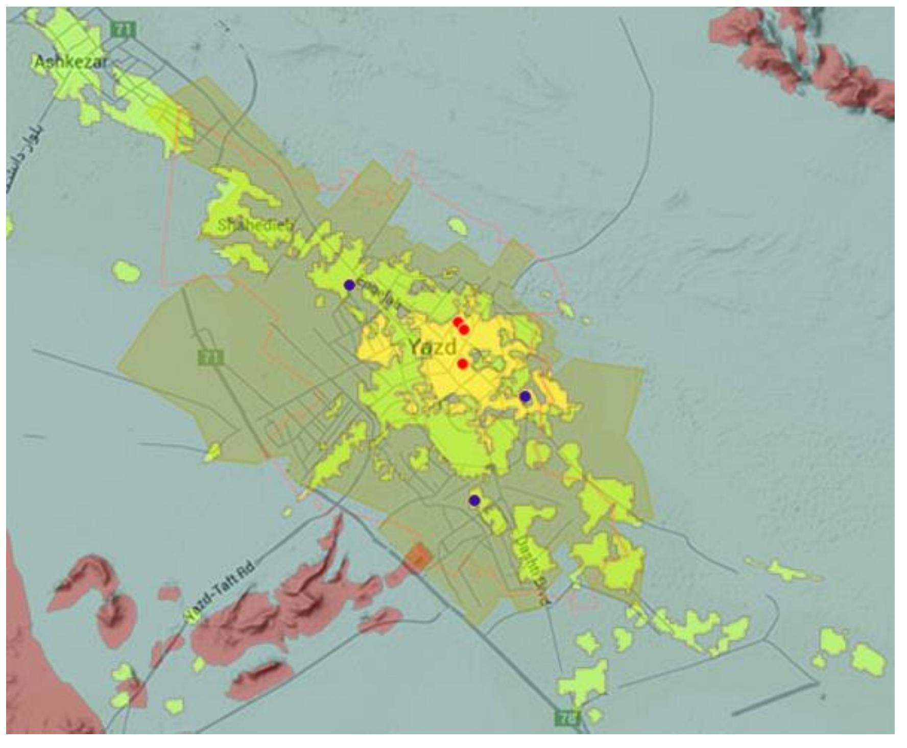 , overlap of yazd aerial maps of 1975 and 2015 and the