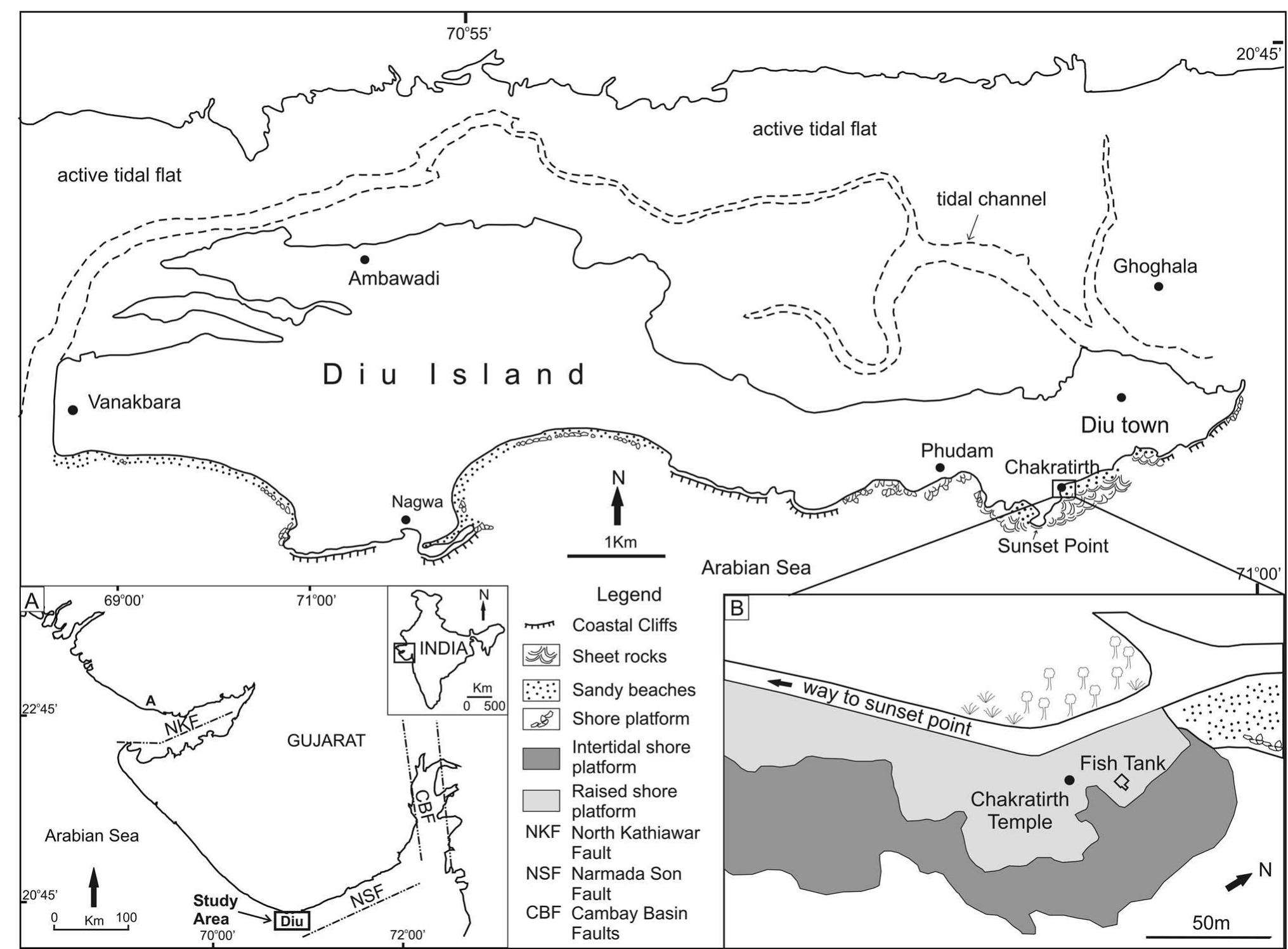 Map showing the geomorphological setting of the diu island.