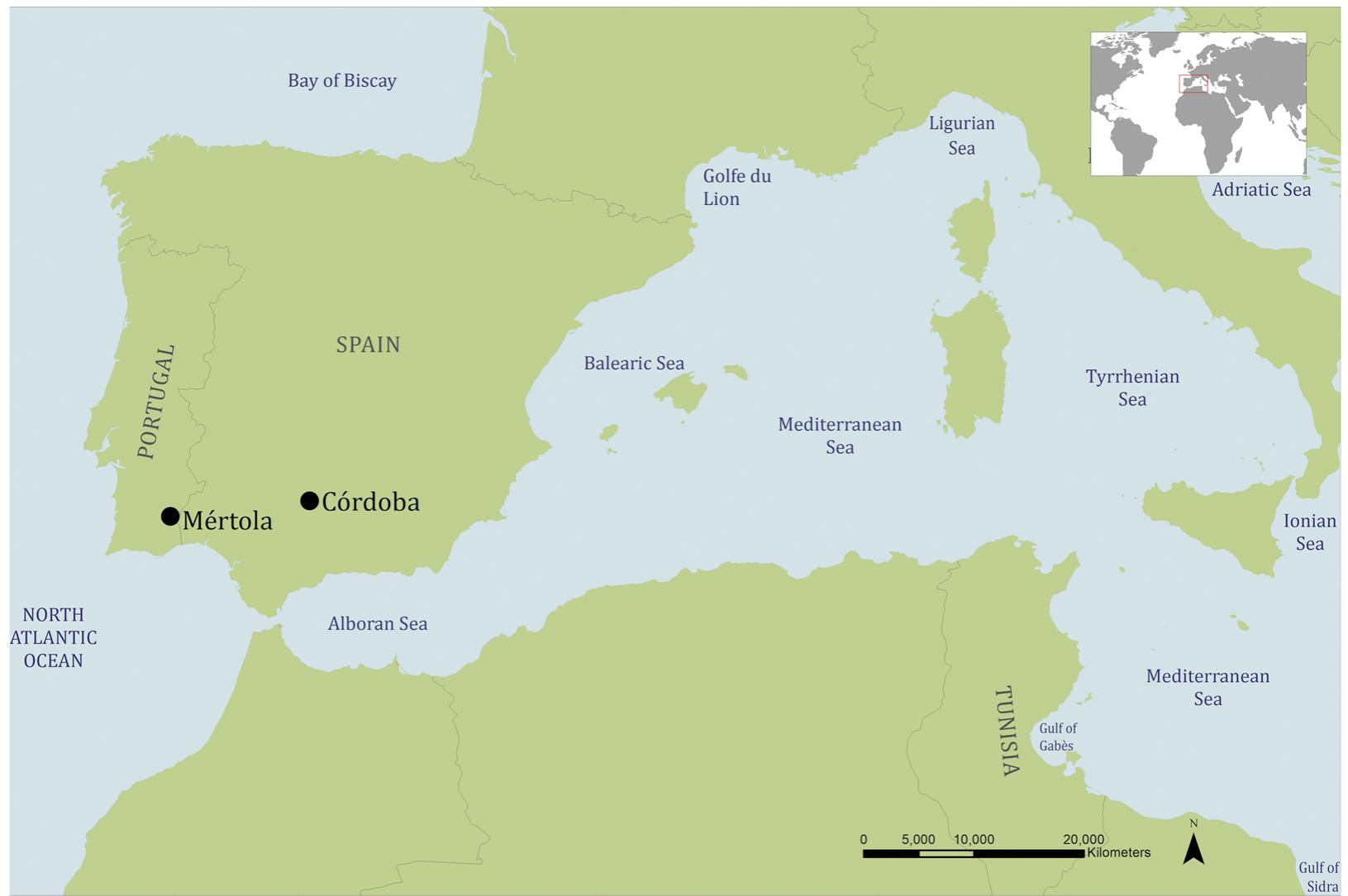 Map showing the location of mértola and cérdoba on the
