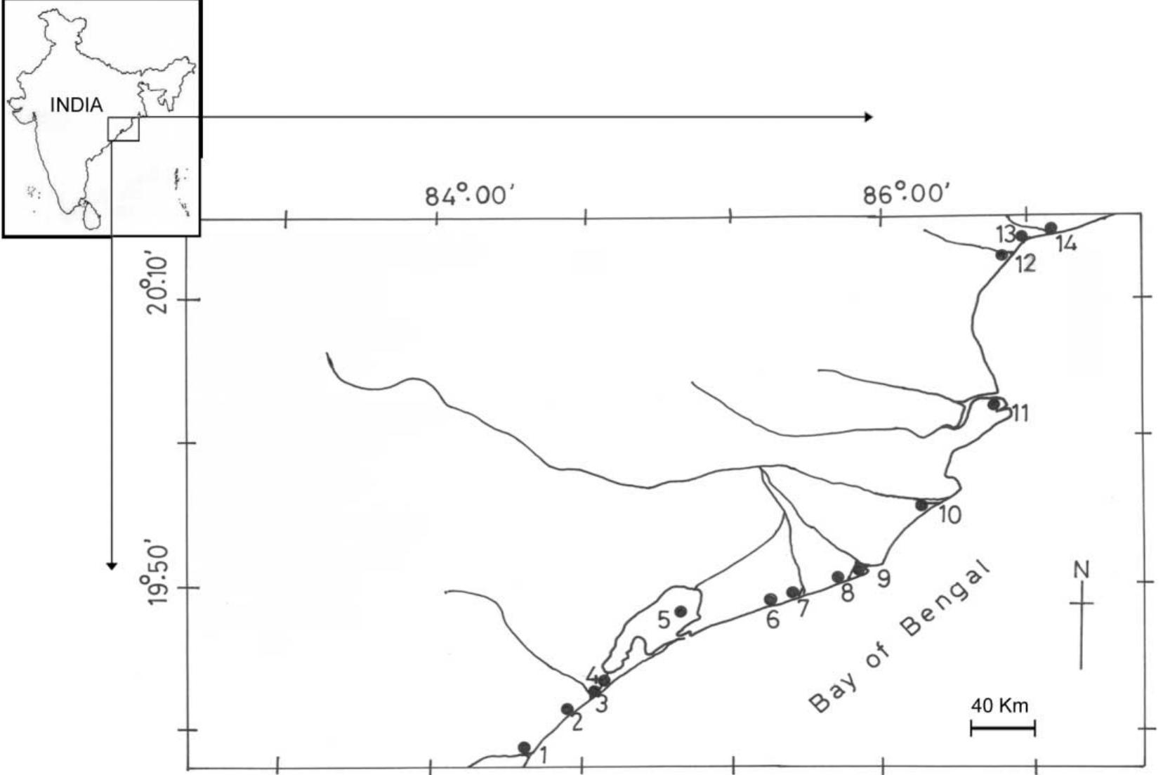 Map of orissa coast showing 14 collection stations. see