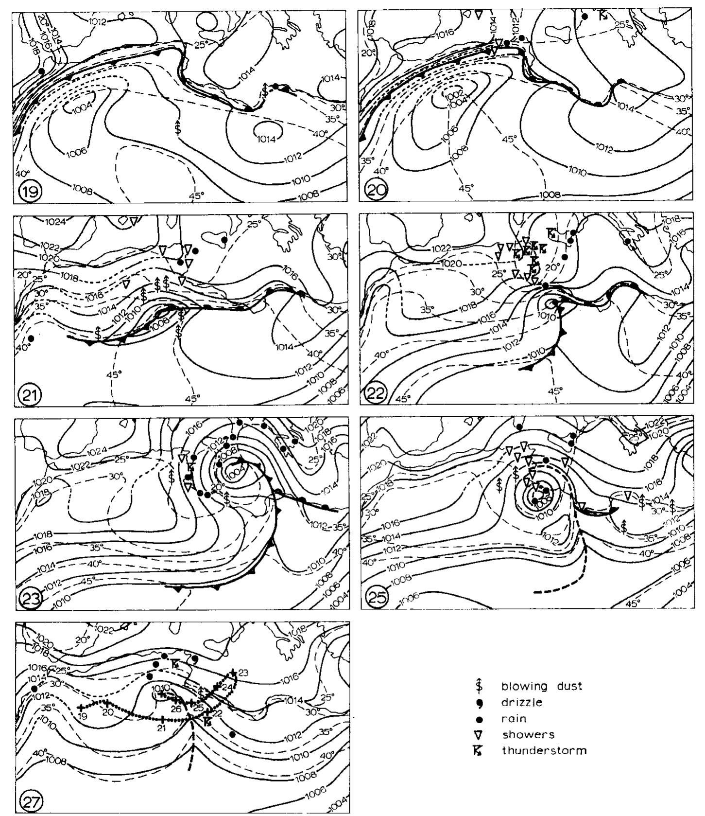 Sequence of surface synoptic charts at 1200 gmt. isobars are