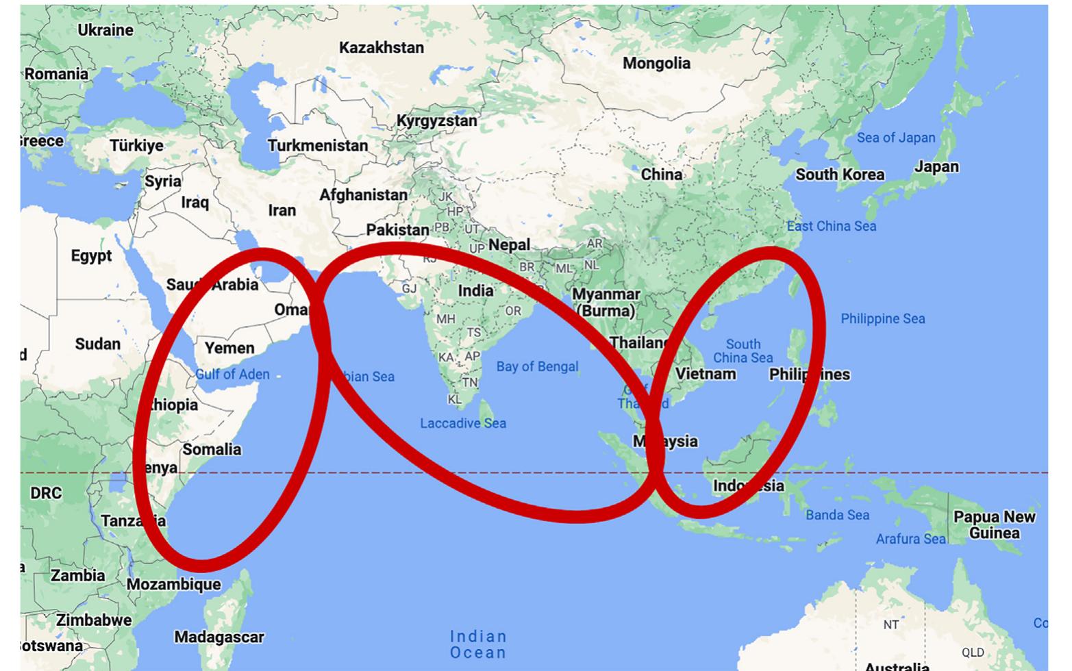 Diagram of three trading circles on maritime trade routes