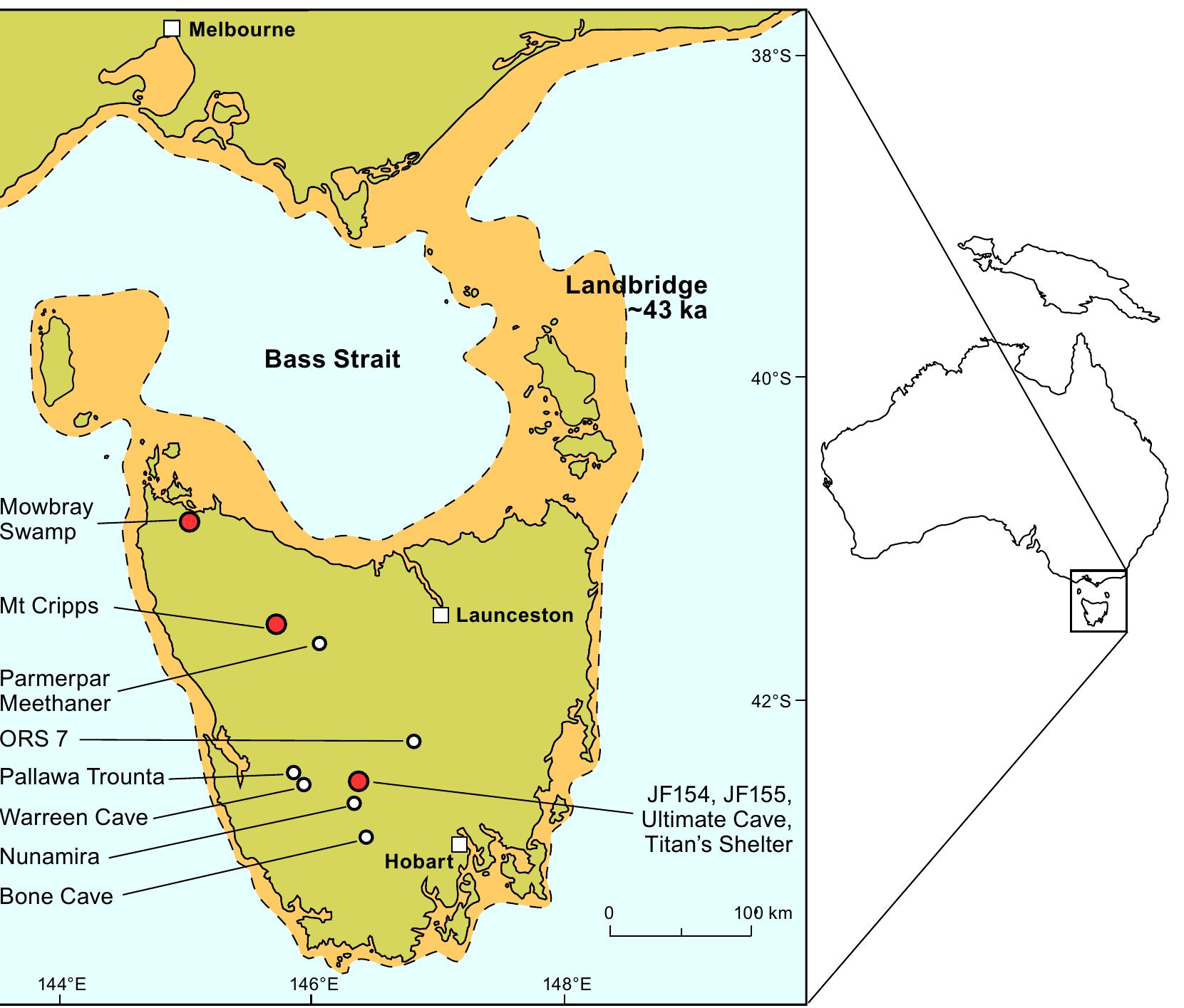 Map showing the location of tasmanian fossil sites (red
