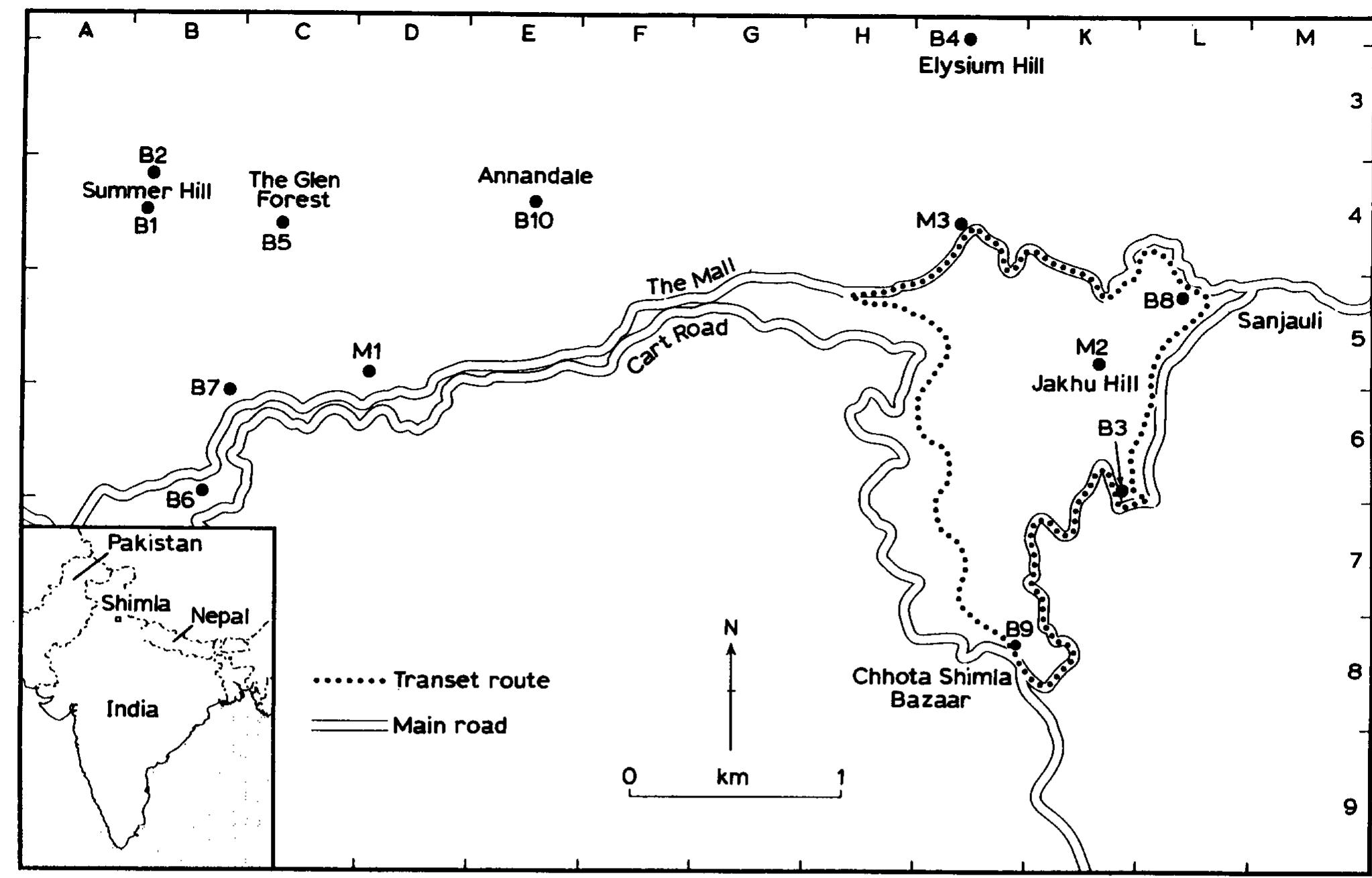 Map of shimla and the surrounding area, showing area