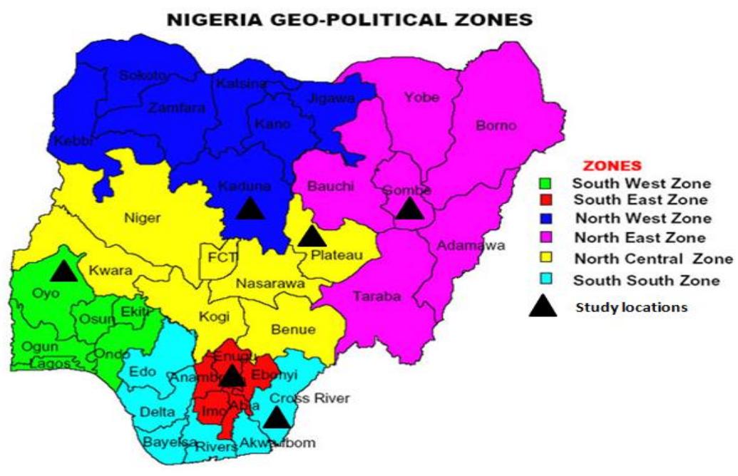 Map of nigeria showing six geopolitical zones and study