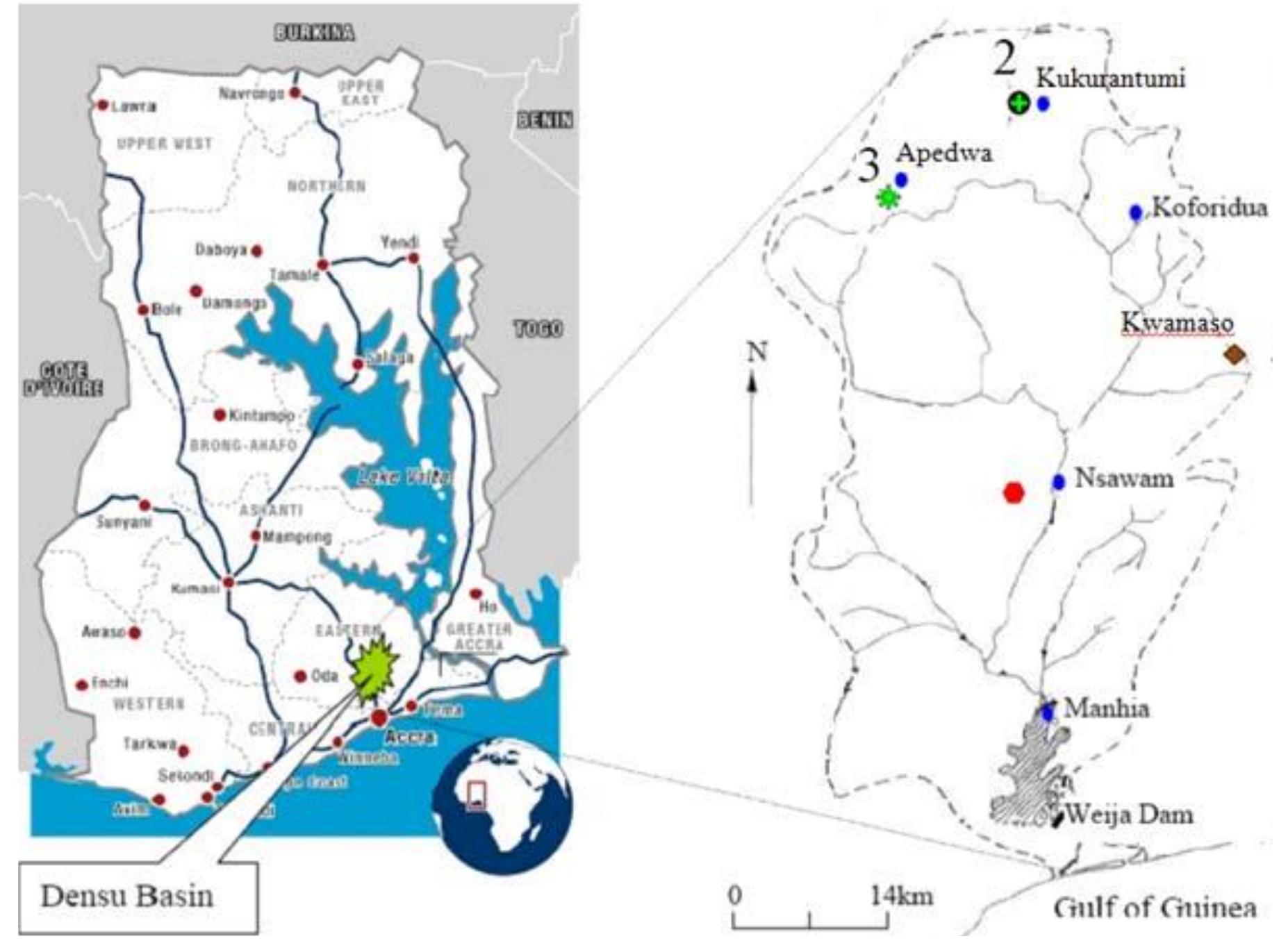 Map showing the location of the densu river basin in ghana.