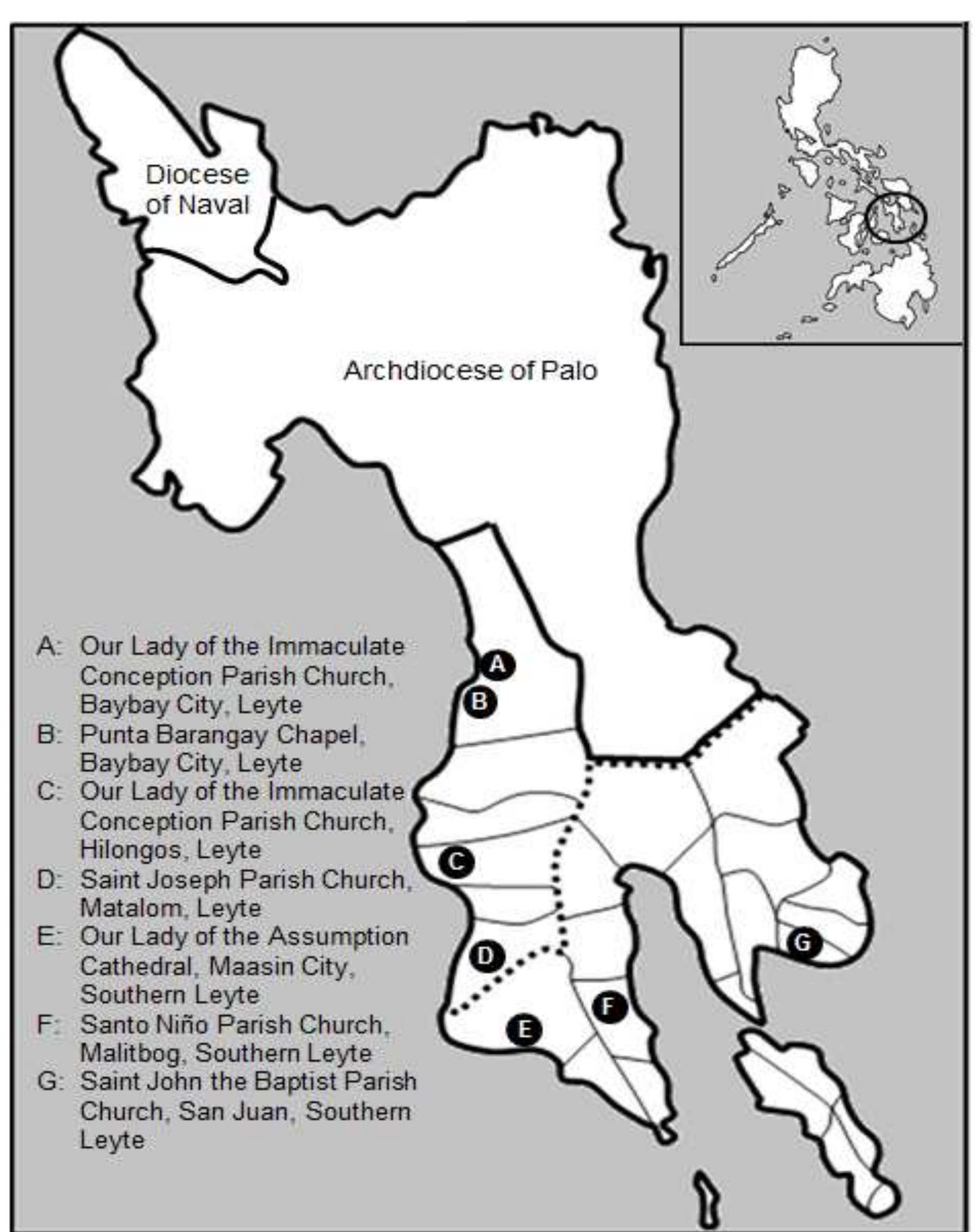 Map of the locations of the seven filipino-spanish churches