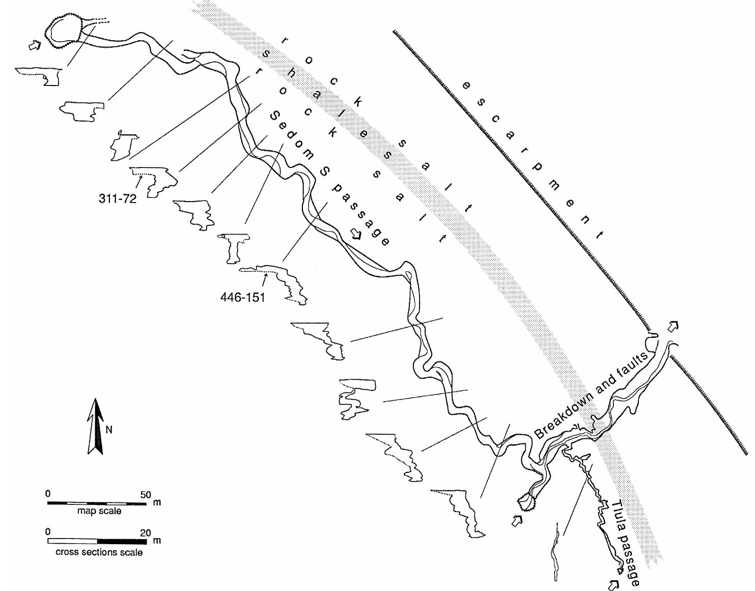 Partial map and cross sections of sedom cave. note the