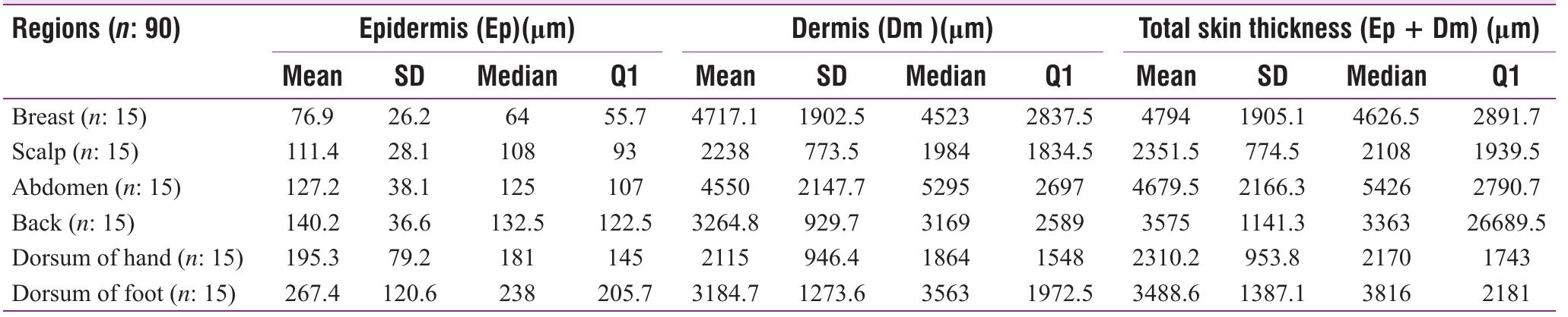 Female epidermis, dermis and total skin thickness acording